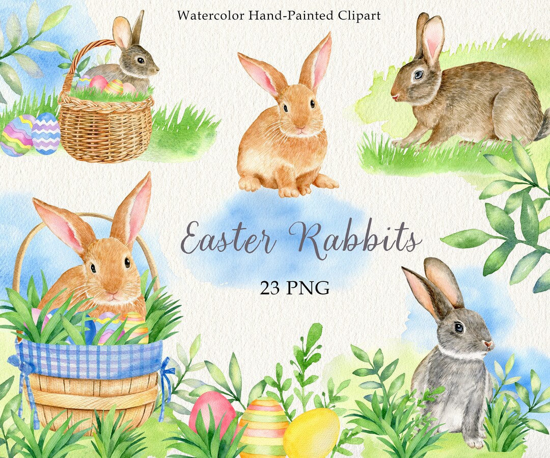 Watercolor Easter Rabbits Clipart Set. Hand Drawn Spring Clip Art With ...