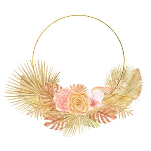 Watercolor Floral Boho Wreath Clipart. Dried Tropical Palm Leaves ...