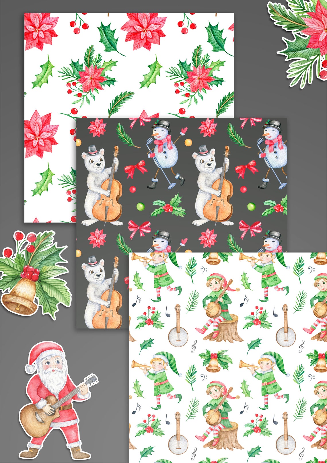 Cute Christmas Watercolor Digital Paper Cartoon Santa Elf - Etsy