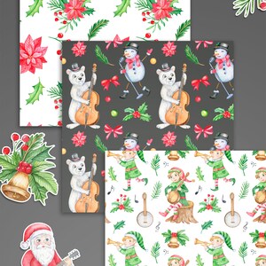 Cute Christmas Watercolor Digital Paper, Cartoon Santa, Elf, Reindeer ...