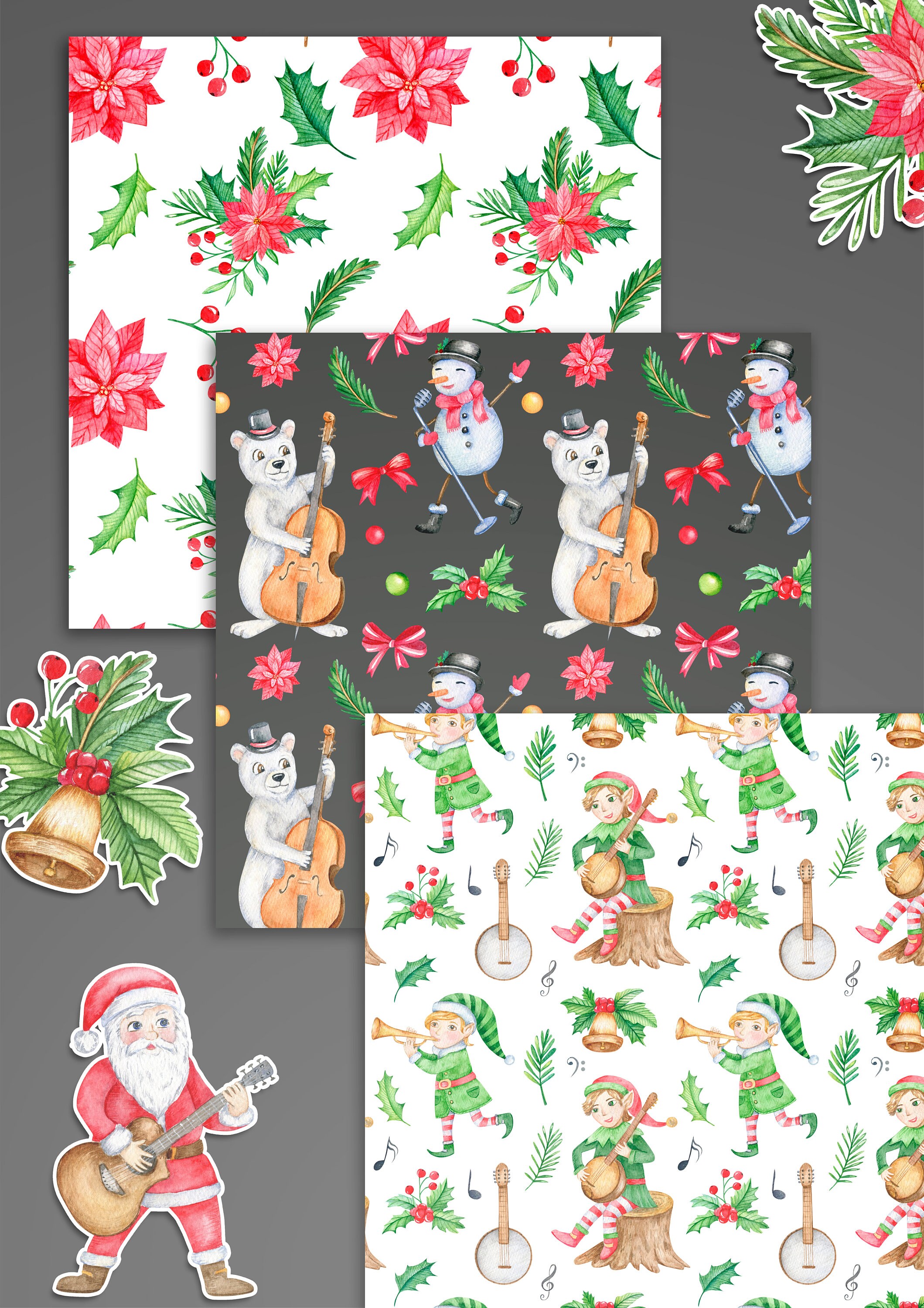 Cute Christmas Watercolor Digital Paper, Cartoon Santa, Elf, Reindeer ...