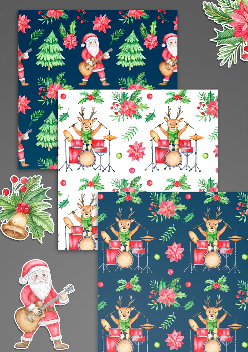 Cute Christmas Watercolor Digital Paper, Cartoon Santa, Elf, Reindeer ...