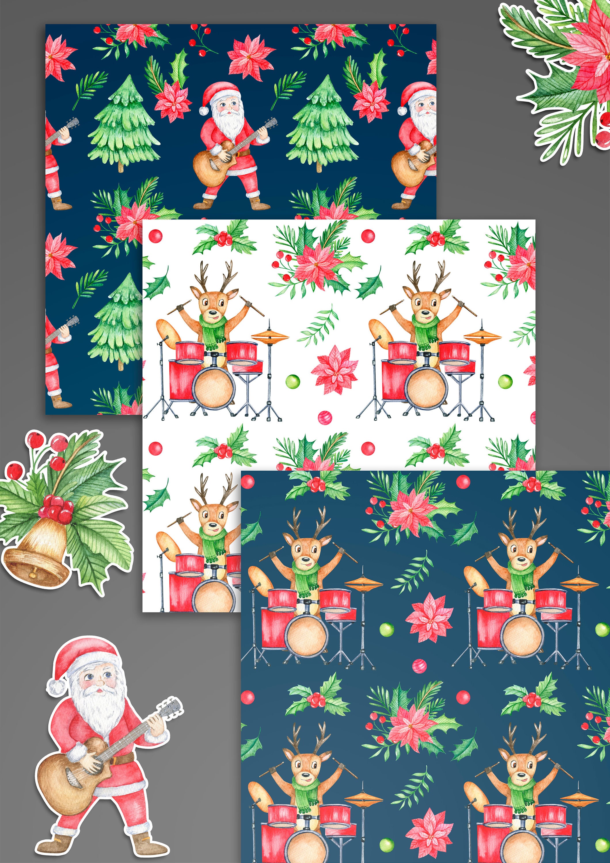 Cute Christmas Watercolor Digital Paper, Cartoon Santa, Elf, Reindeer ...