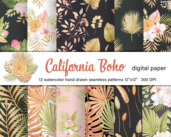 Watercolor Tropics Boho Digital Paper Pack. Dried Palm Leaves | Etsy