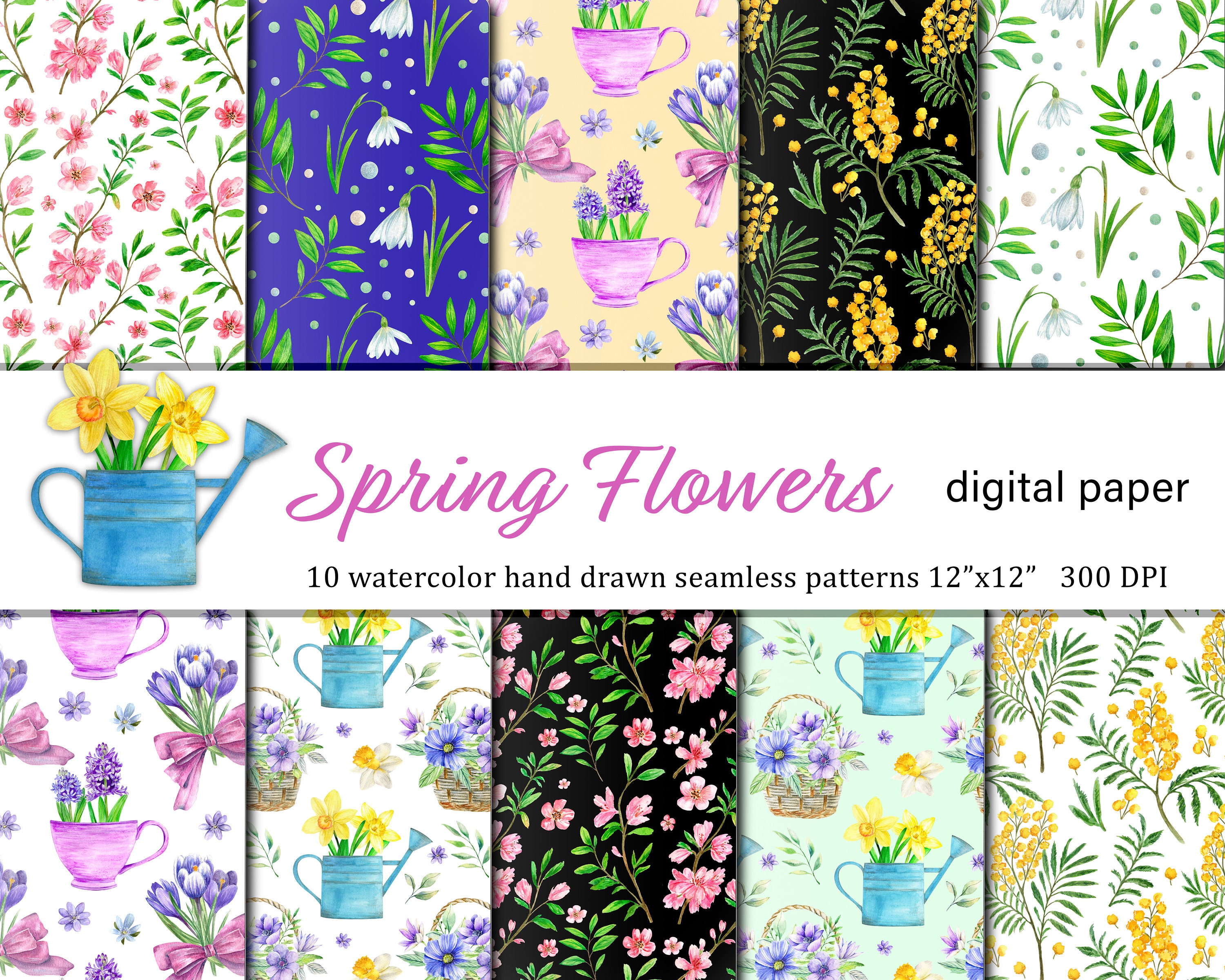 Watercolor Spring Flowers Digital Paper Pack. Hand Drawn - Etsy
