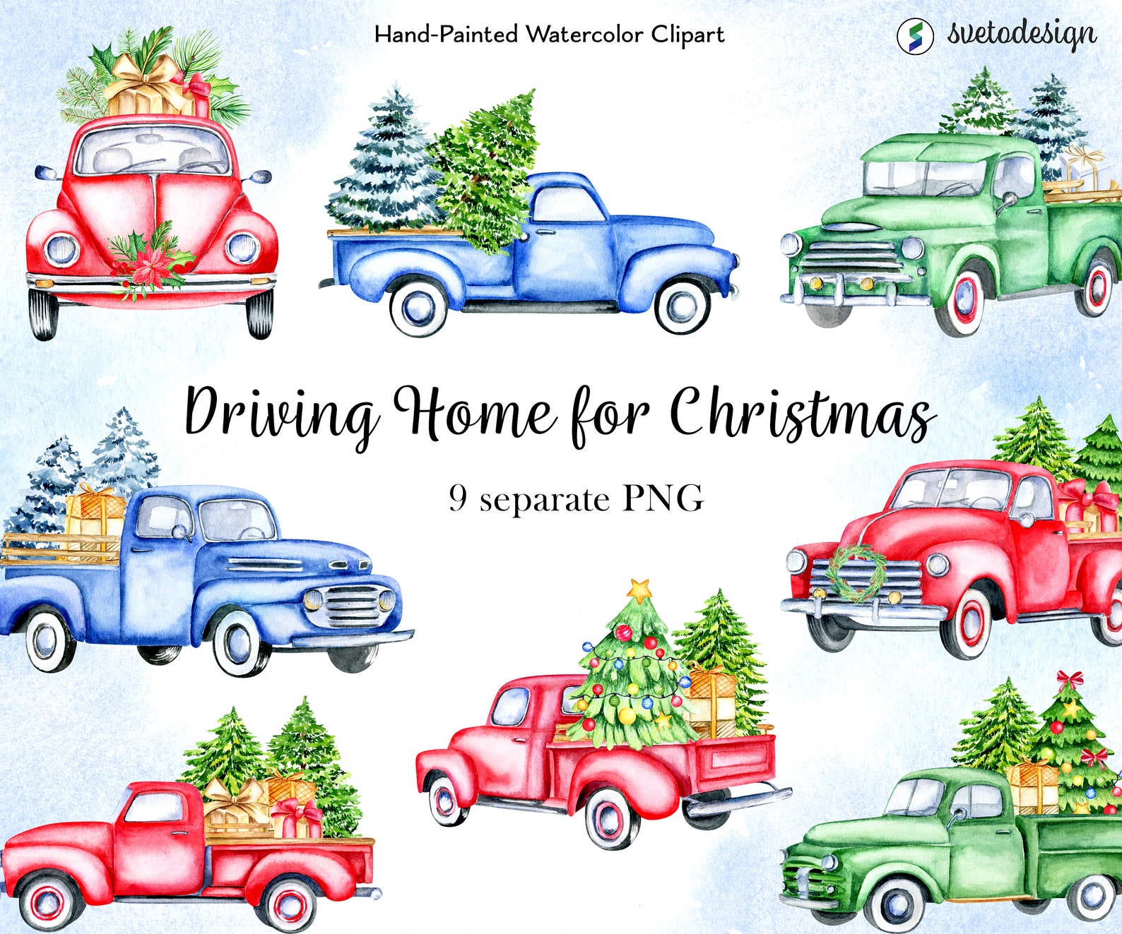 Christmas Trucks Watercolor Clipart. Classic Xmas Cars Old - Etsy