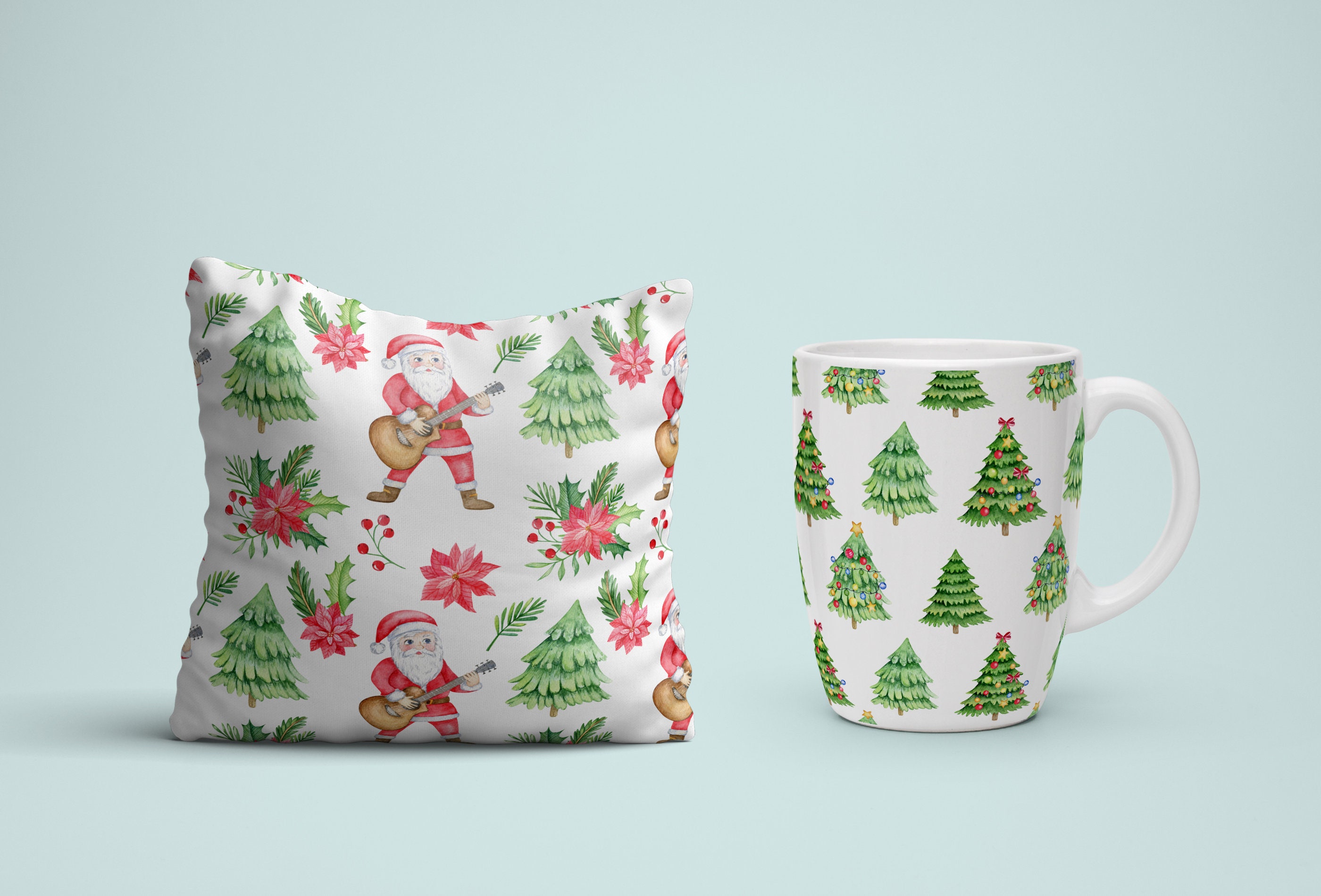 Cute Christmas Watercolor Digital Paper, Cartoon Santa, Elf, Reindeer ...