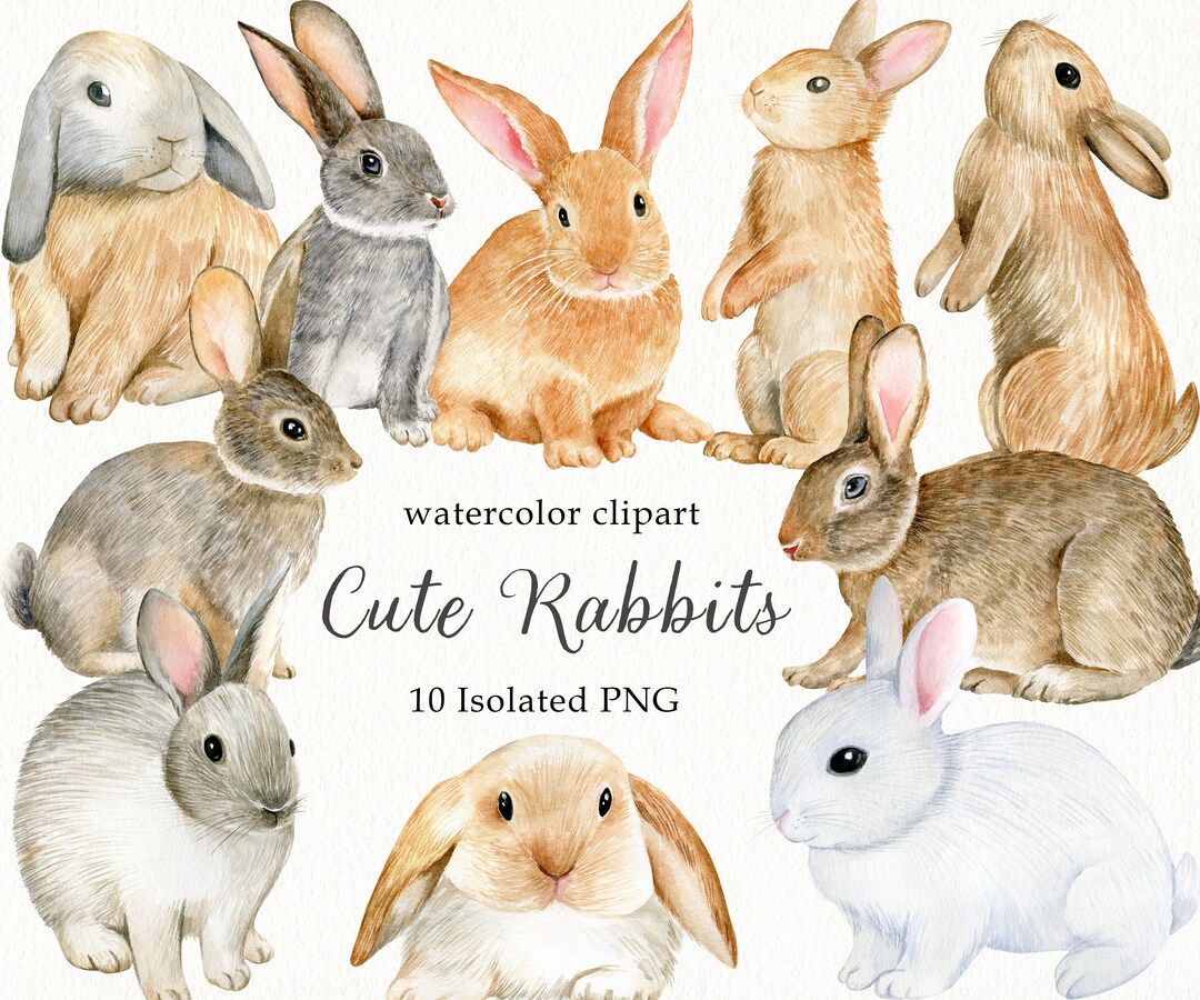 Watercolor Cute Rabbits Clipart Set. Hand Drawn Easter Spring Clip Art ...