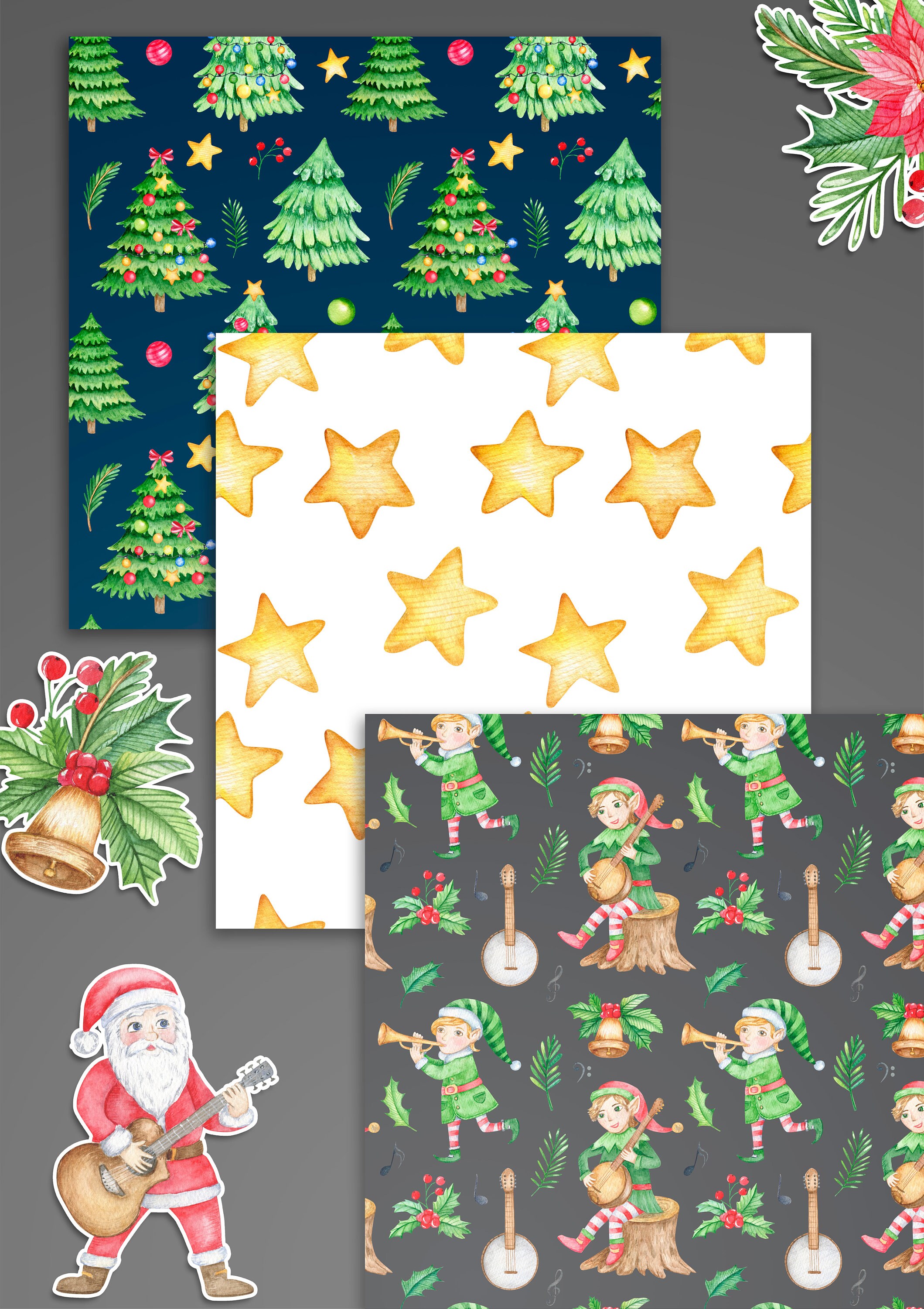 Cute Christmas Watercolor Digital Paper, Cartoon Santa, Elf, Reindeer ...