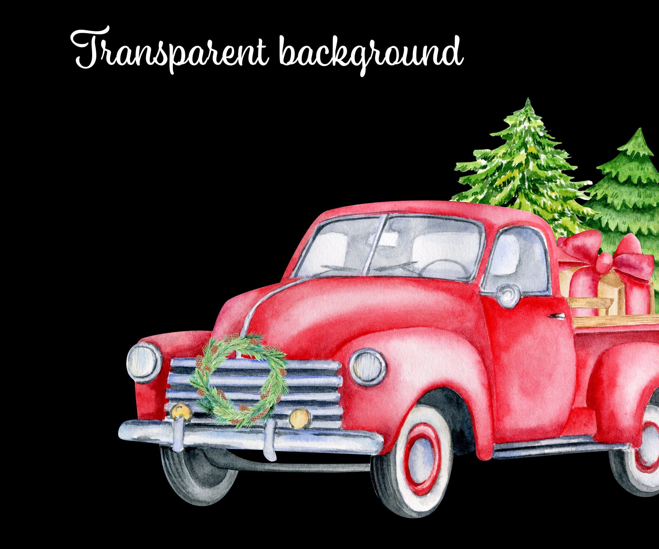 Red Christmas Trucks Watercolor Clipart. Classic Cars Old - Etsy