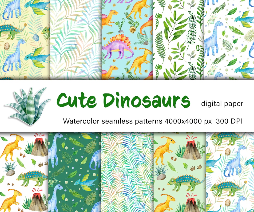 Watercolor Dinosaur Digital Paper, Dino Tropics Seamless Pattern ...