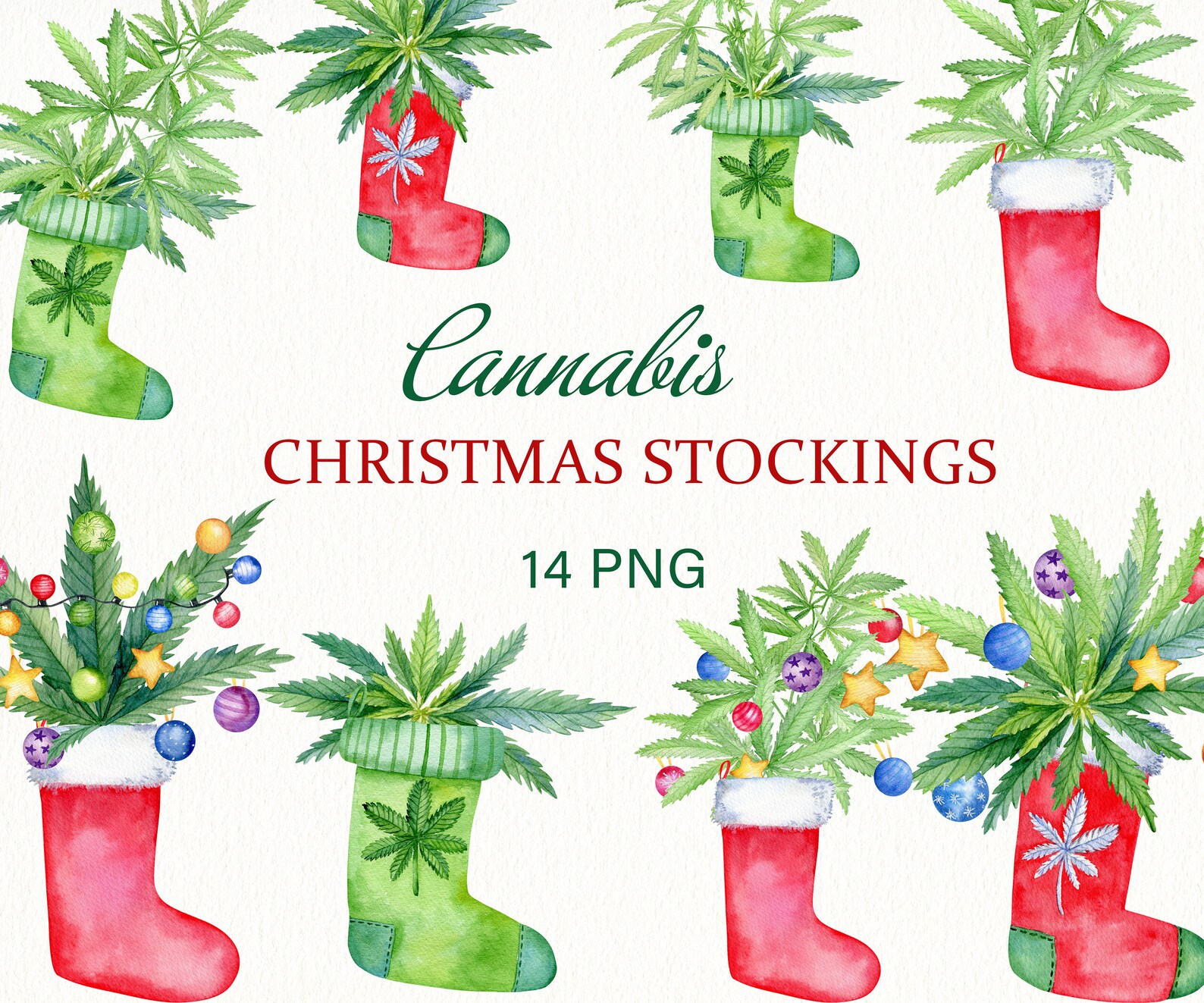 Cannabis Christmas Stockings Clipart Set. Watercolor Marijuana | Etsy