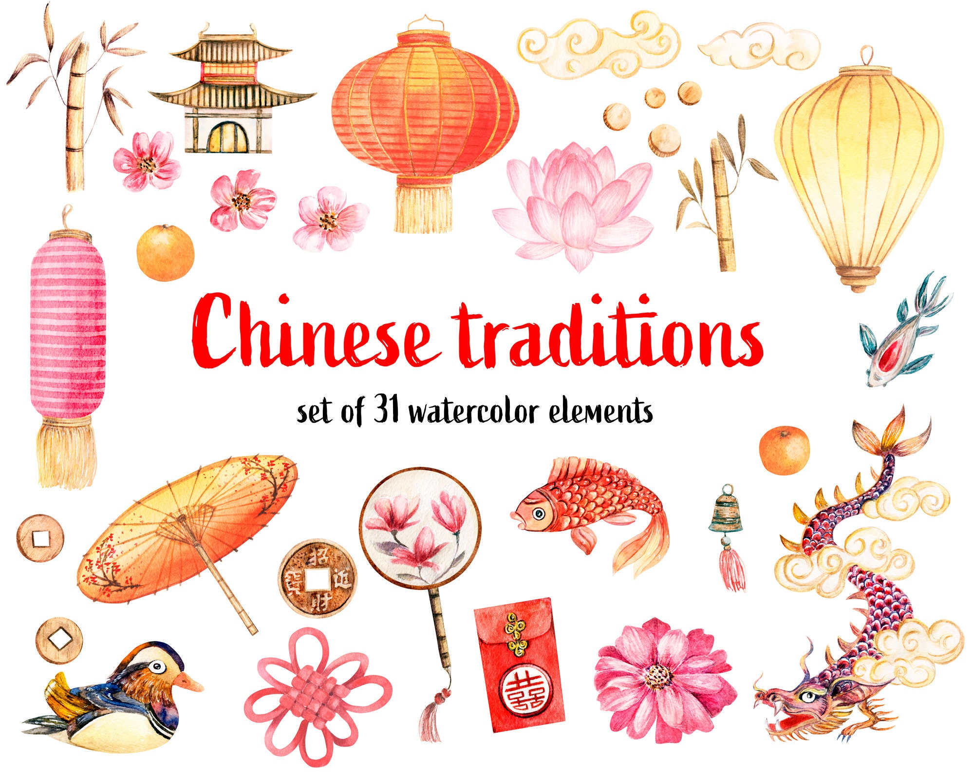 Watercolor Chinese Traditions Clipart. Hand Drawn Clip Art - Etsy
