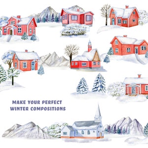 Watercolor Winter Village Clipart. Scandinavian Houses. Christmas ...