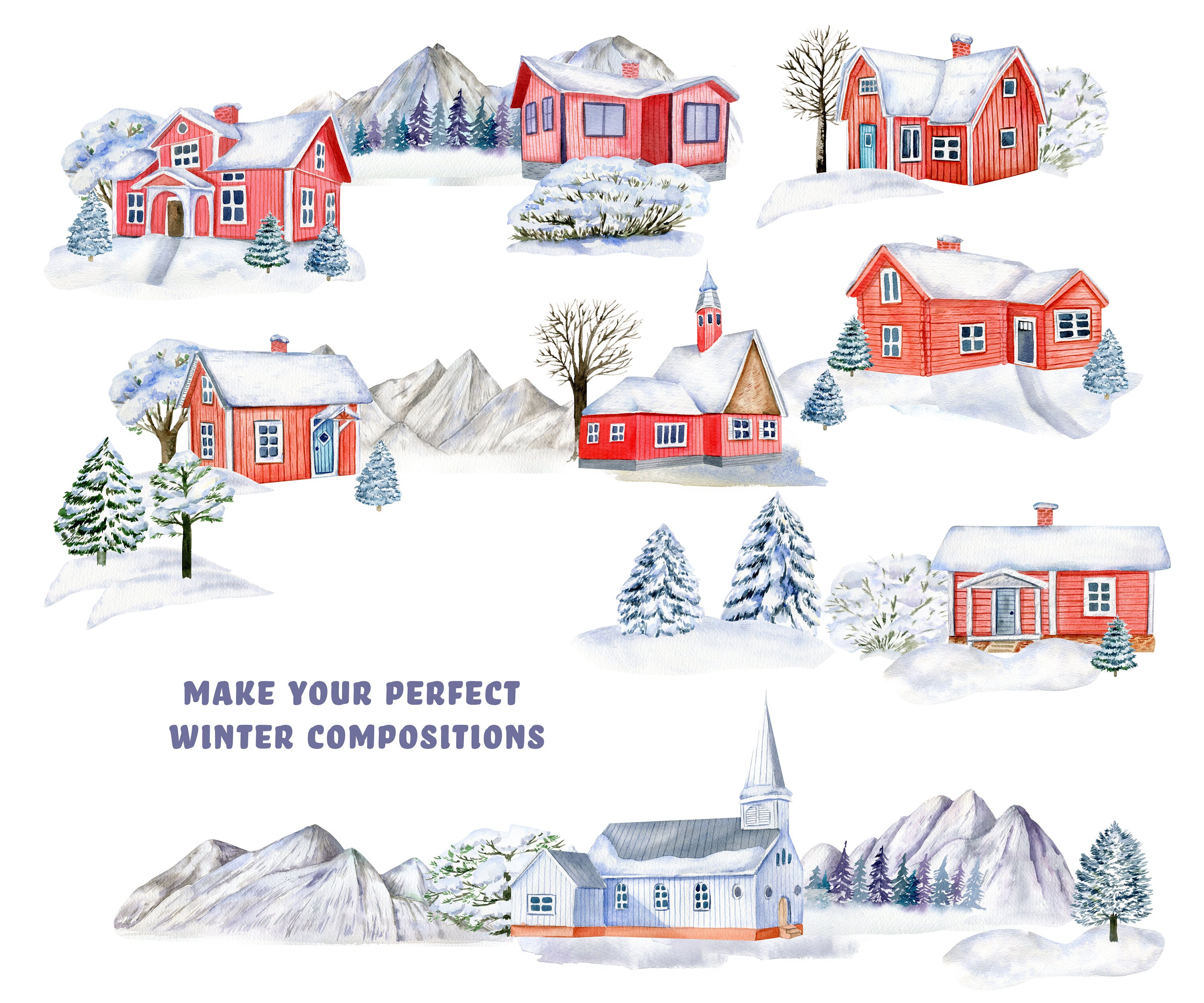 Watercolor Winter Village Clipart. Scandinavian Houses. - Etsy