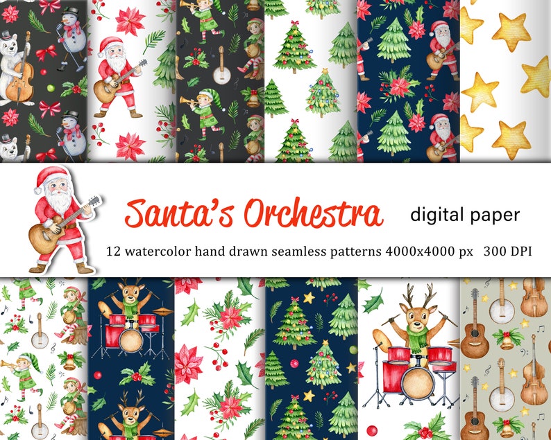 Cute Christmas Watercolor Digital Paper, Cartoon Santa, Elf, Reindeer ...