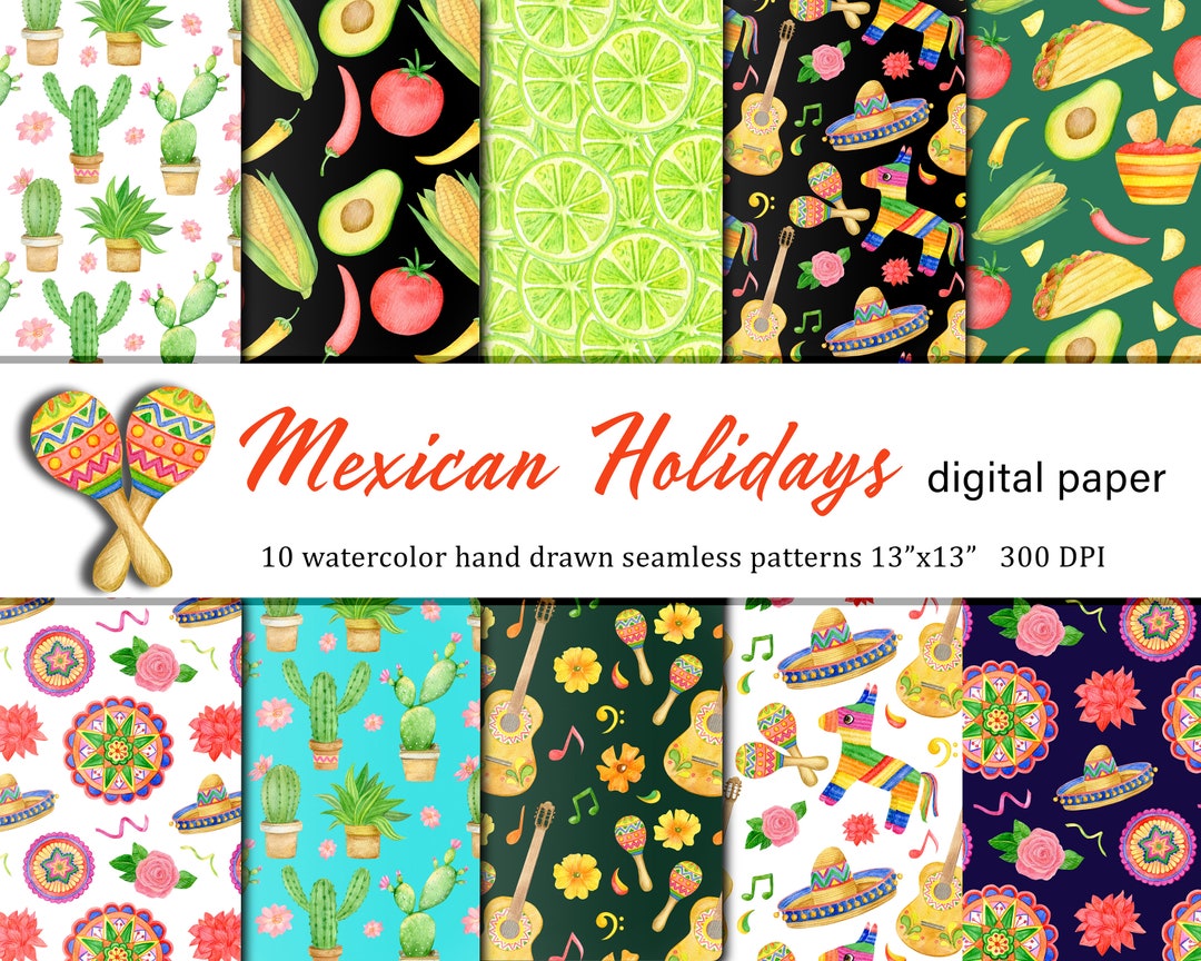 Watercolor Mexican Fiesta Digital Paper Pack. Hand Drawn Summer ...