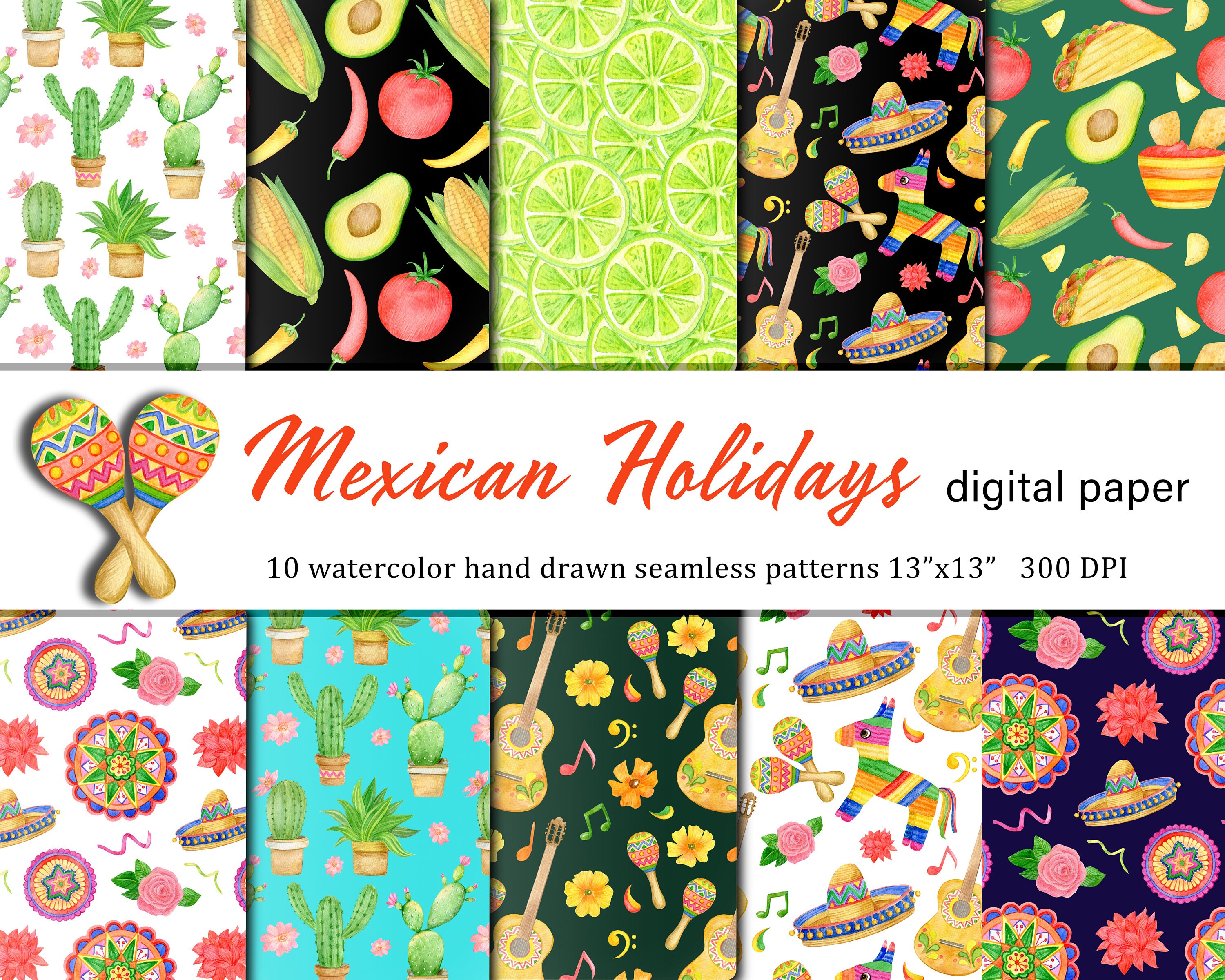 Watercolor Mexican Fiesta Digital Paper Pack. Hand Drawn Summer ...