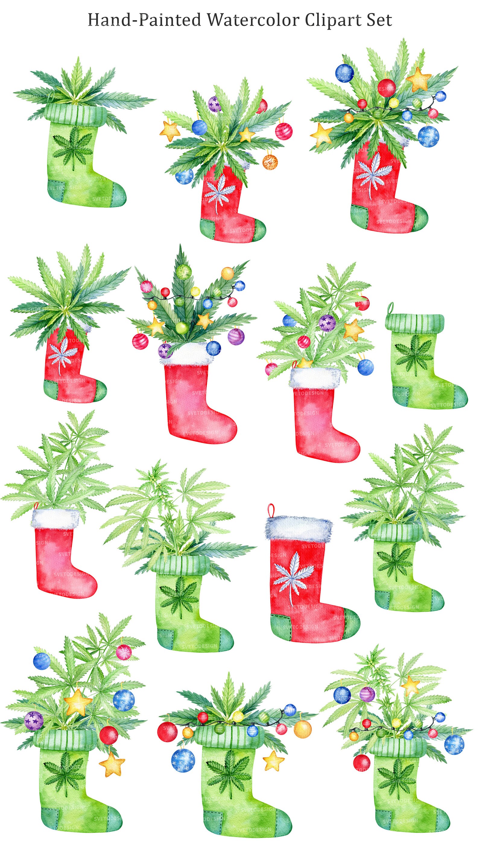 Cannabis Christmas Stockings Clipart Set. Watercolor Marijuana | Etsy