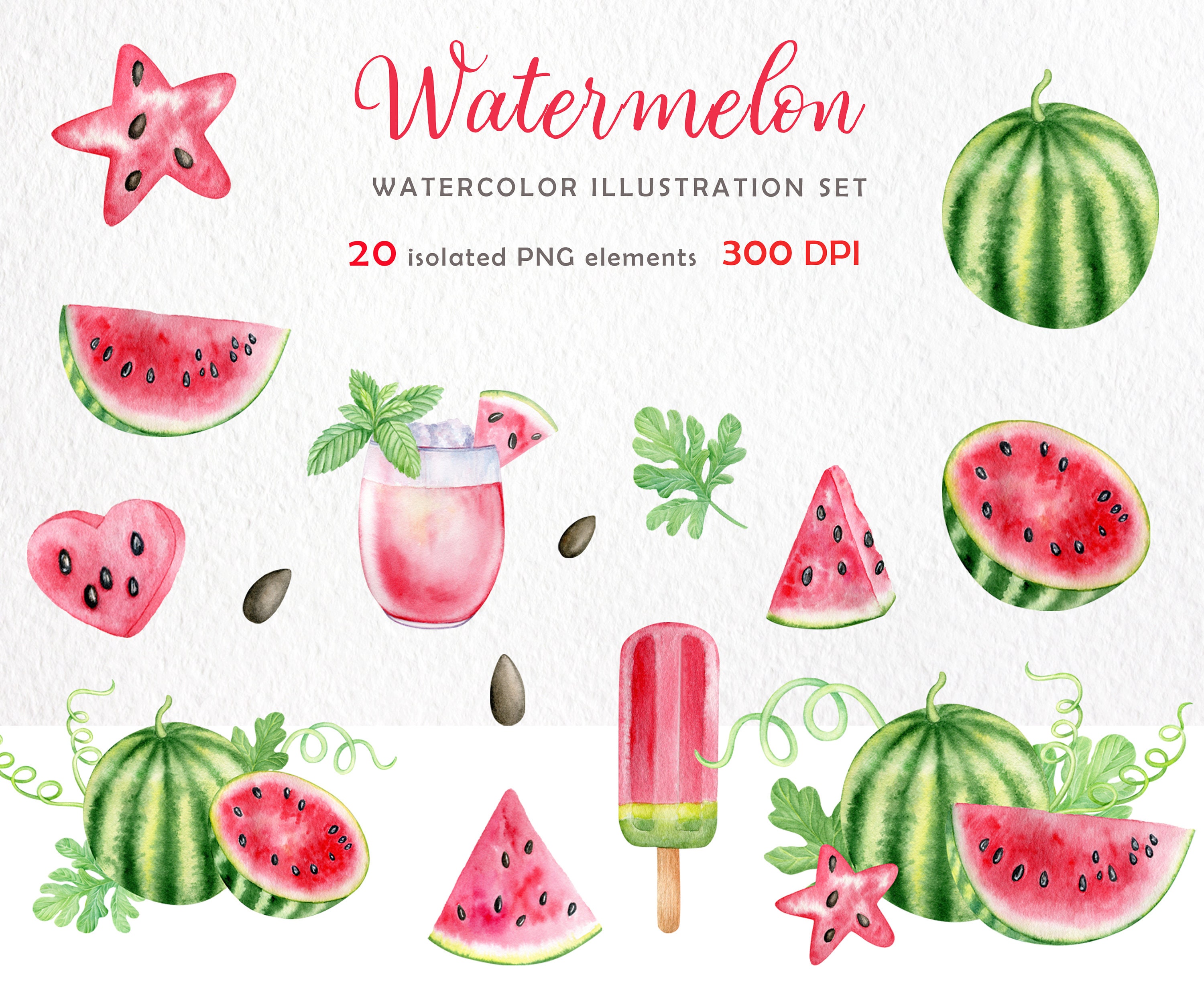 Watercolor Watermelon Clipart Set. Summer Juicy Watermelons, Dessert ...