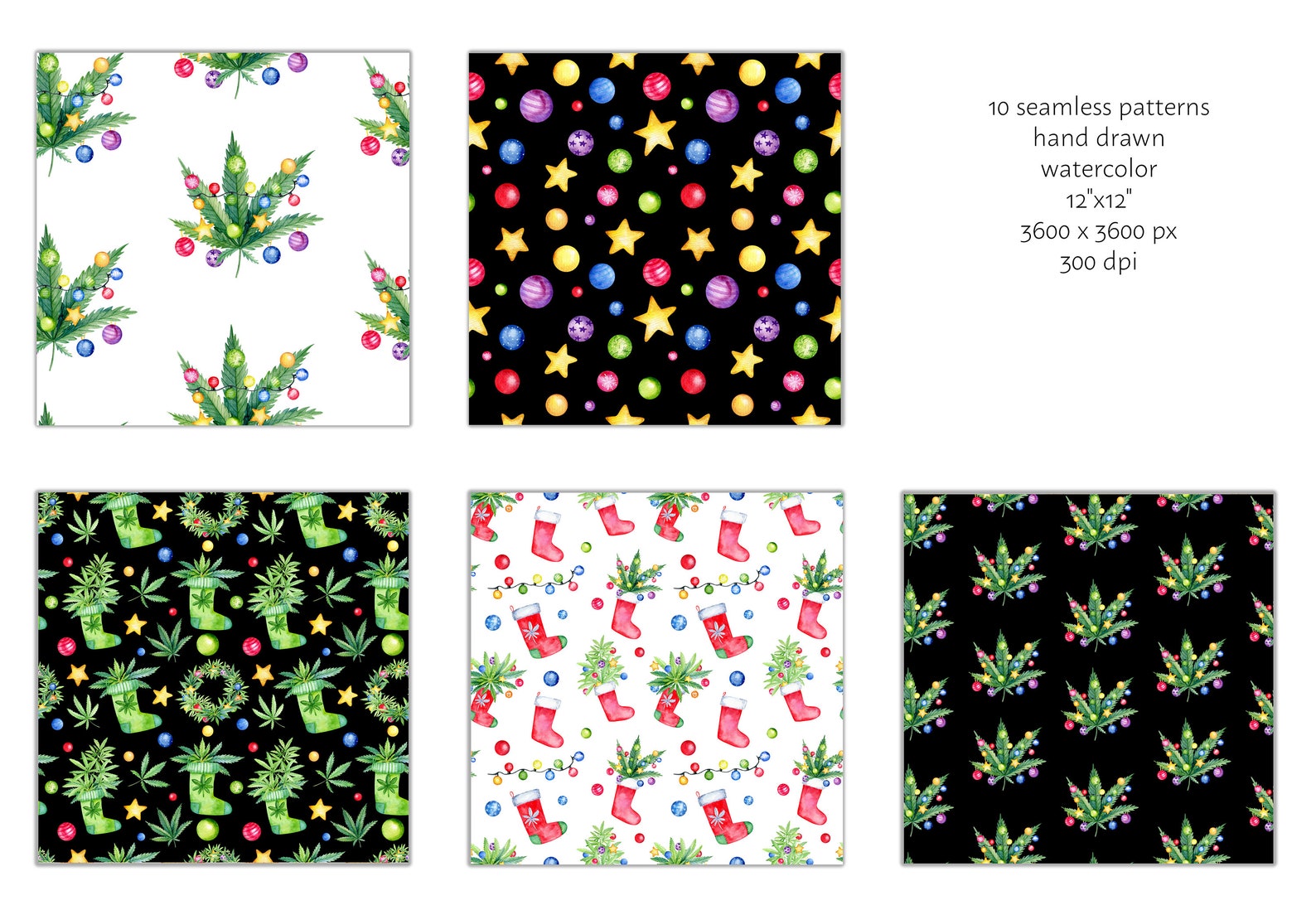 Cannabis Christmas Watercolor Digital Paper. Marijuana Seamless Pattern ...