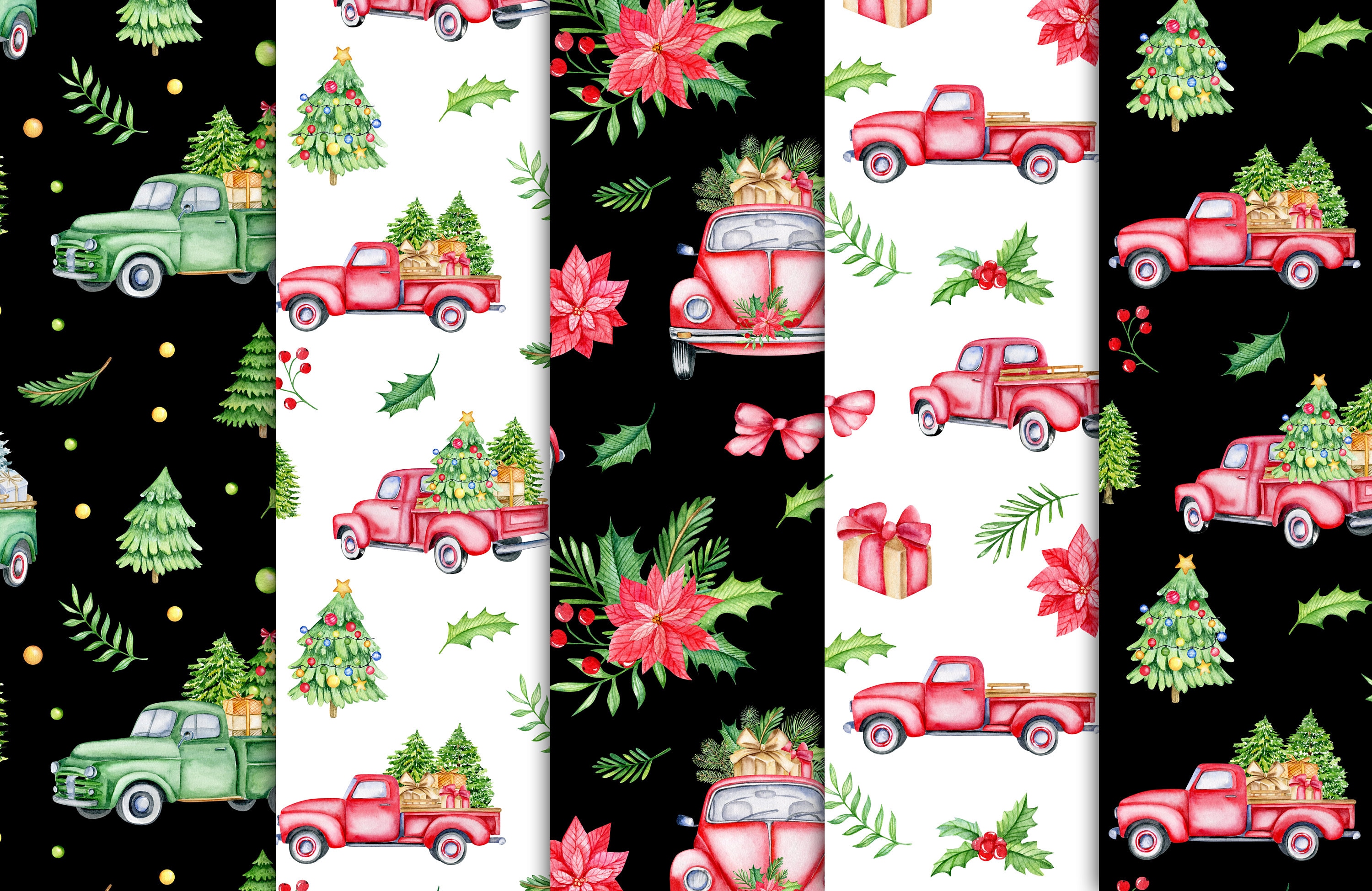 Christmas Retro Cars Watercolor Digital Paper. Vintage Trucks - Etsy