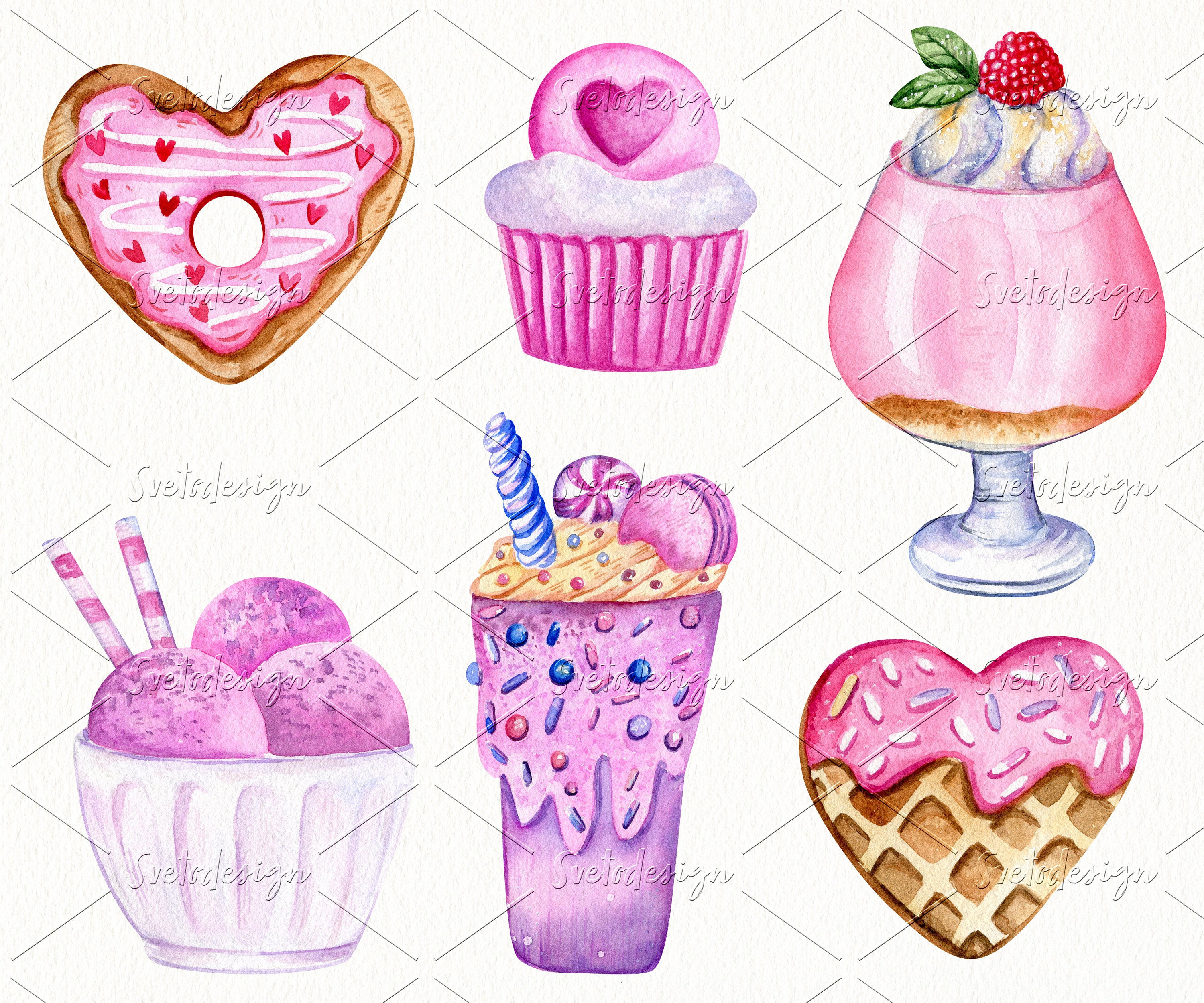 Valentine's Day Desserts Watercolor Clipart. Sweets, Cupcakes, Heart ...