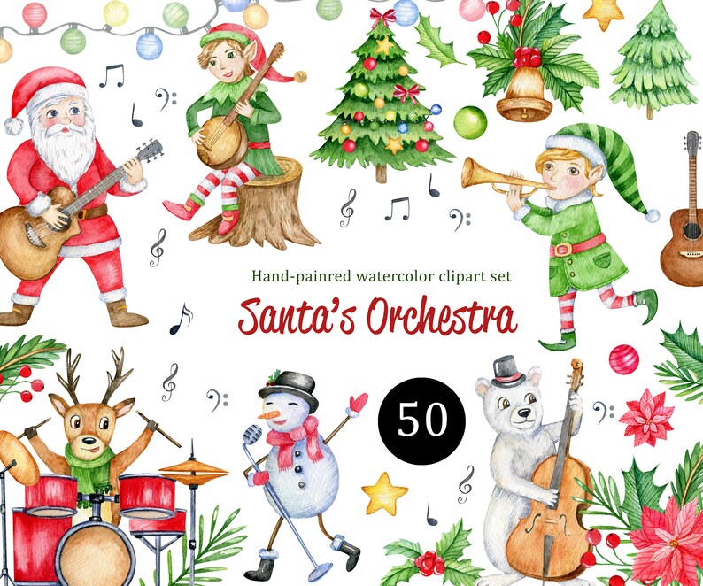 Music Christmas Watercolor Clipart, Cute Cartoon Santa, Elf, Reindeer ...