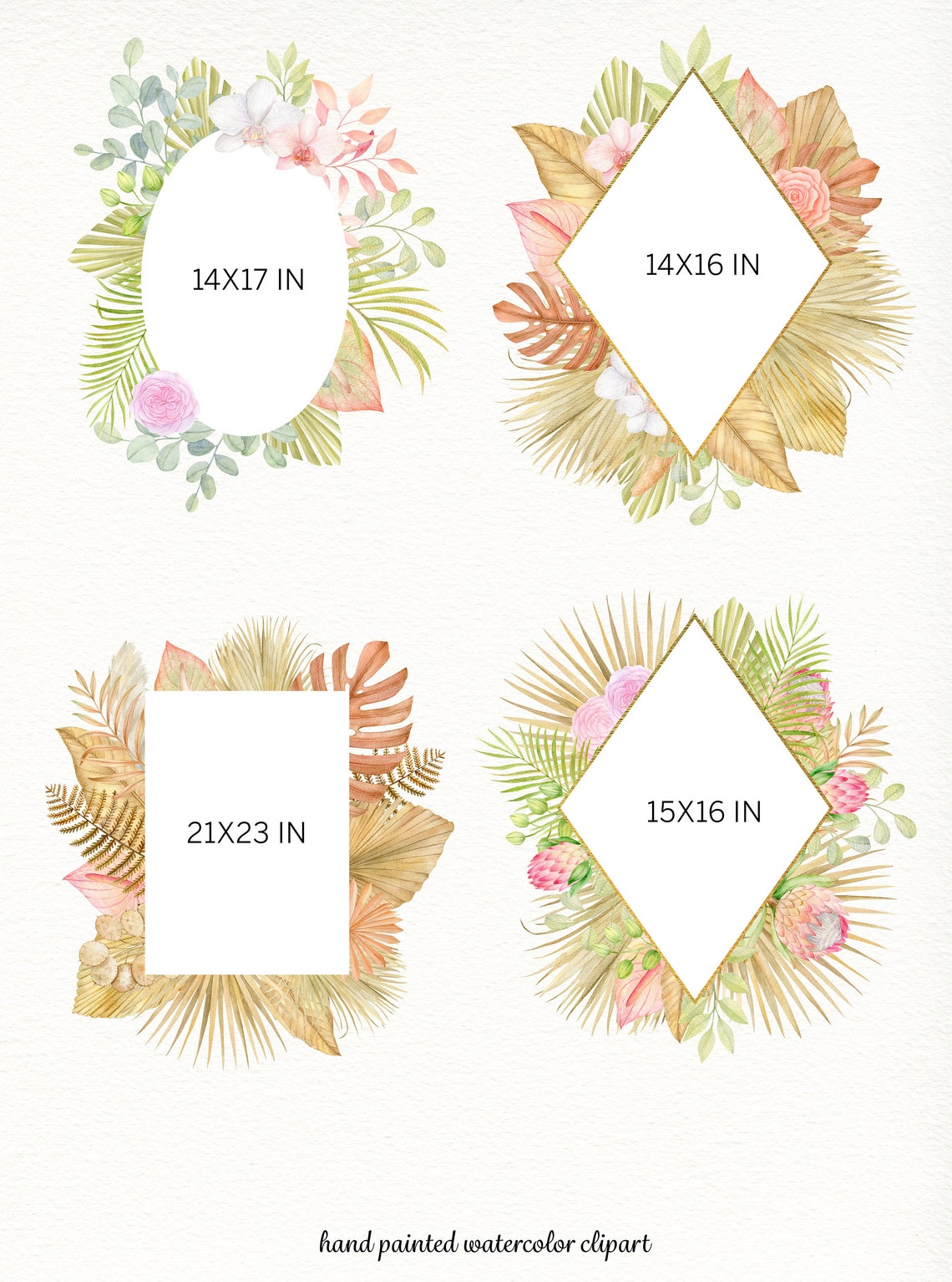 Watercolor Boho Tropical Frames Clipart. Floral Arrangements | Etsy