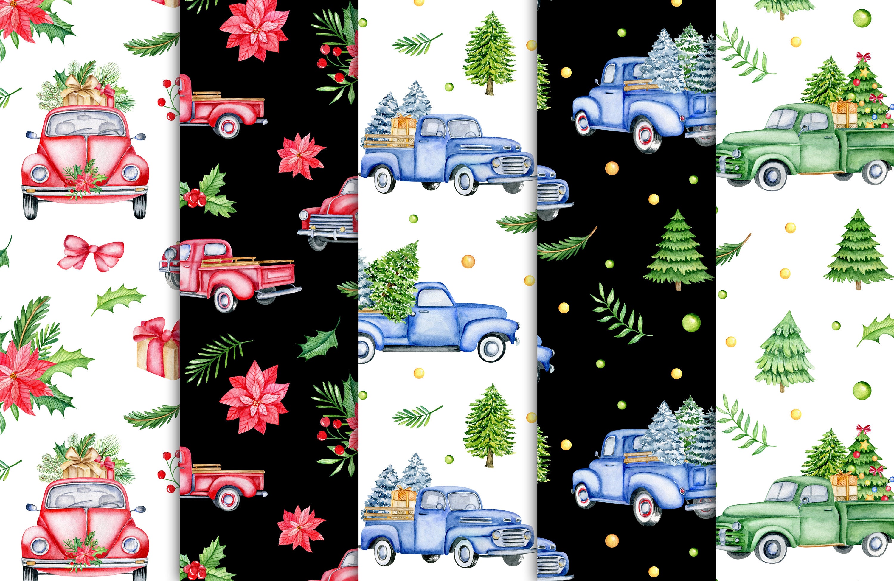 Christmas Retro Cars Watercolor Digital Paper. Vintage Trucks - Etsy