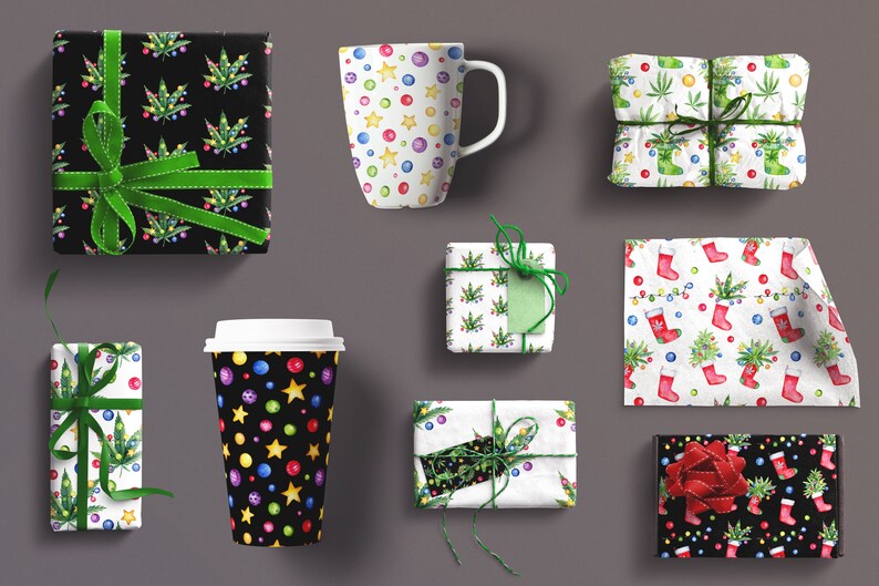 Cannabis Christmas Watercolor Digital Paper. Marijuana Seamless Pattern ...