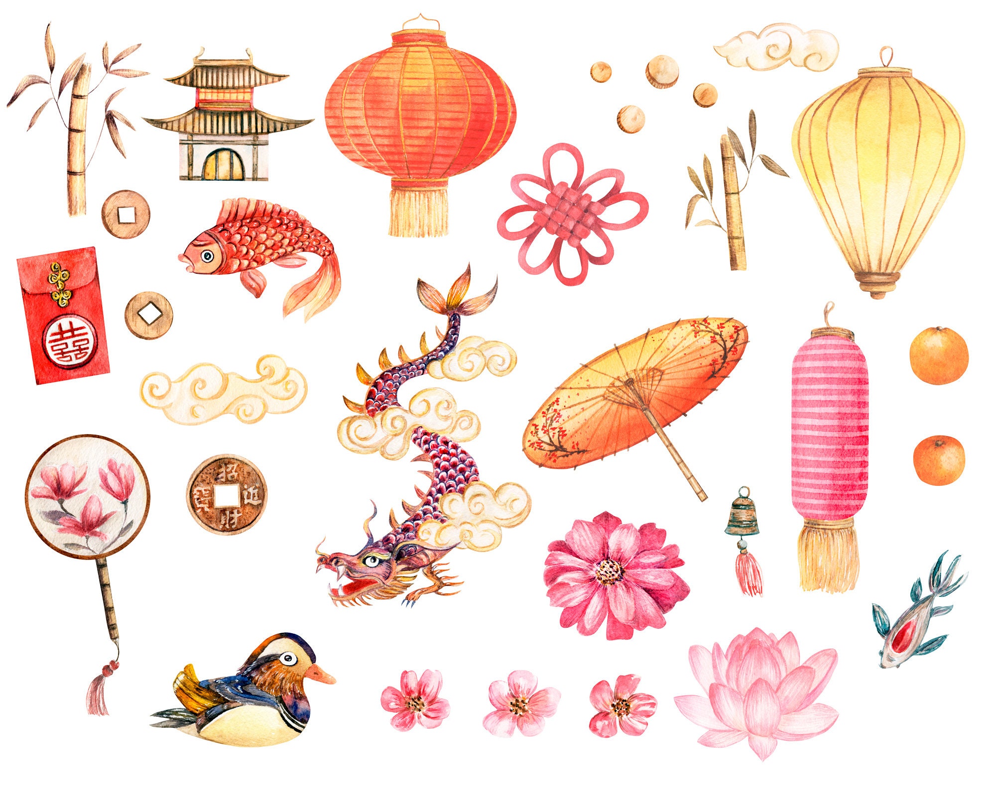 Watercolor Chinese Traditions Clipart. Hand Drawn Clip Art - Etsy