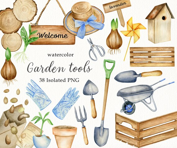 Watercolor Spring Garden Tools Clipart Set. Hand Painted | Etsy