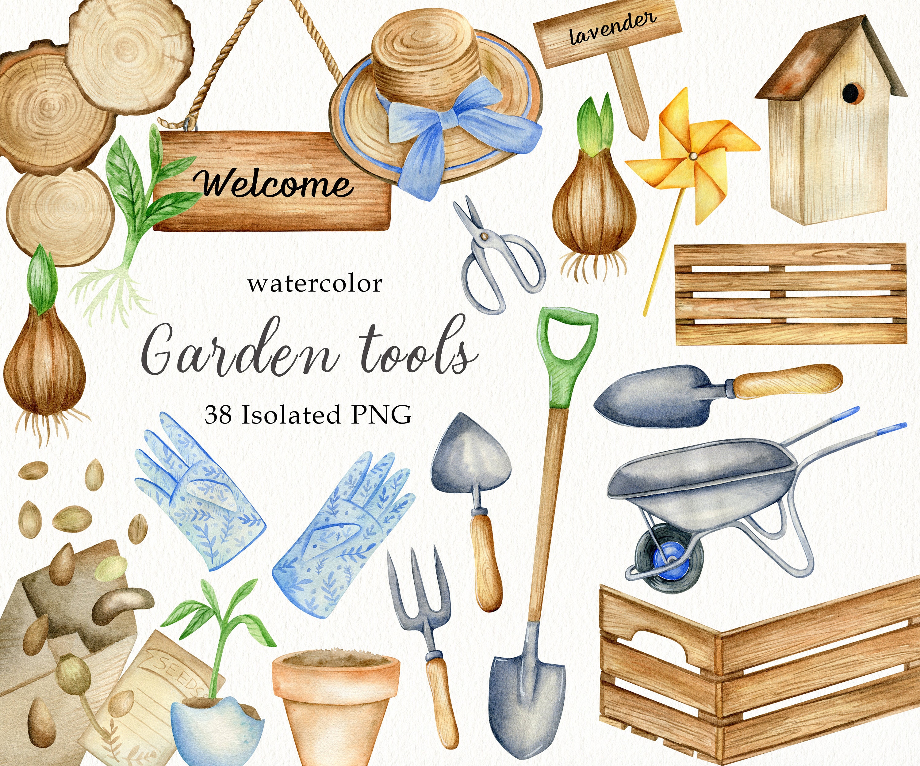 Watercolor Spring Garden Tools Clipart Set. Hand Painted - Etsy