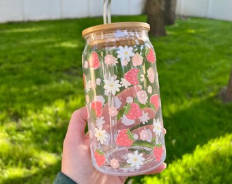 Cute Shell Floral Glass Can Cup, Trendy Gift for Her, Iced Coffee Cup ...