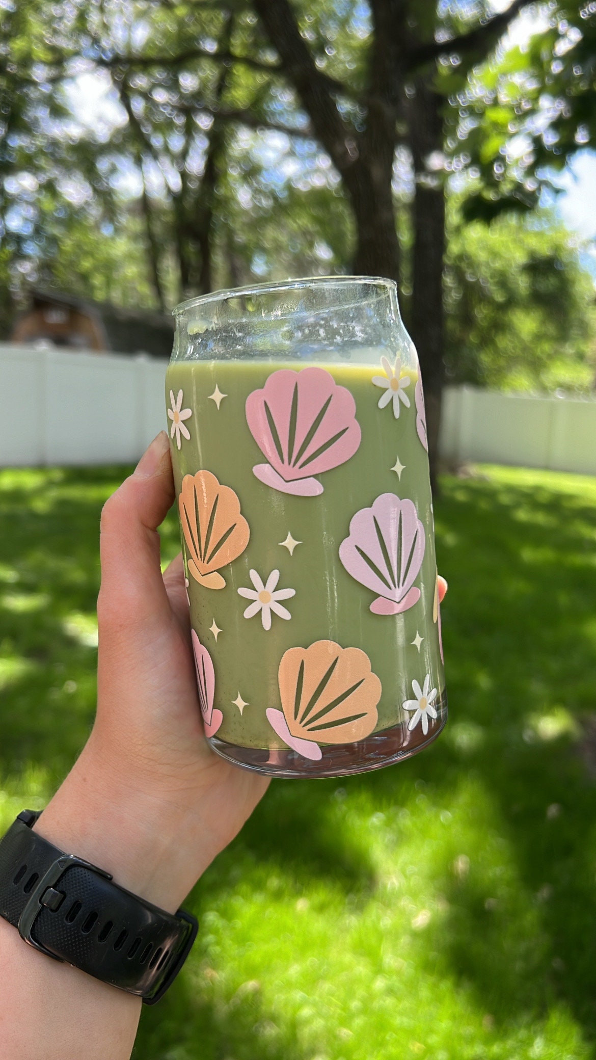 Cute Shell Floral Glass Can Cup, Trendy Gift for Her, Iced Coffee Cup ...