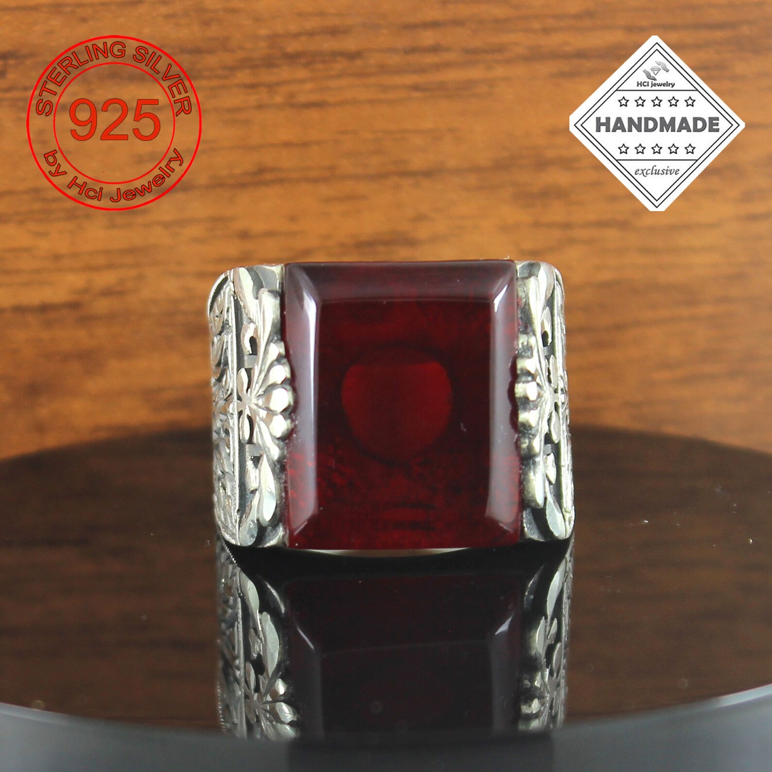 Red Amber Gemstone Mens Ring Rectangle Ring for Men 925 | Etsy