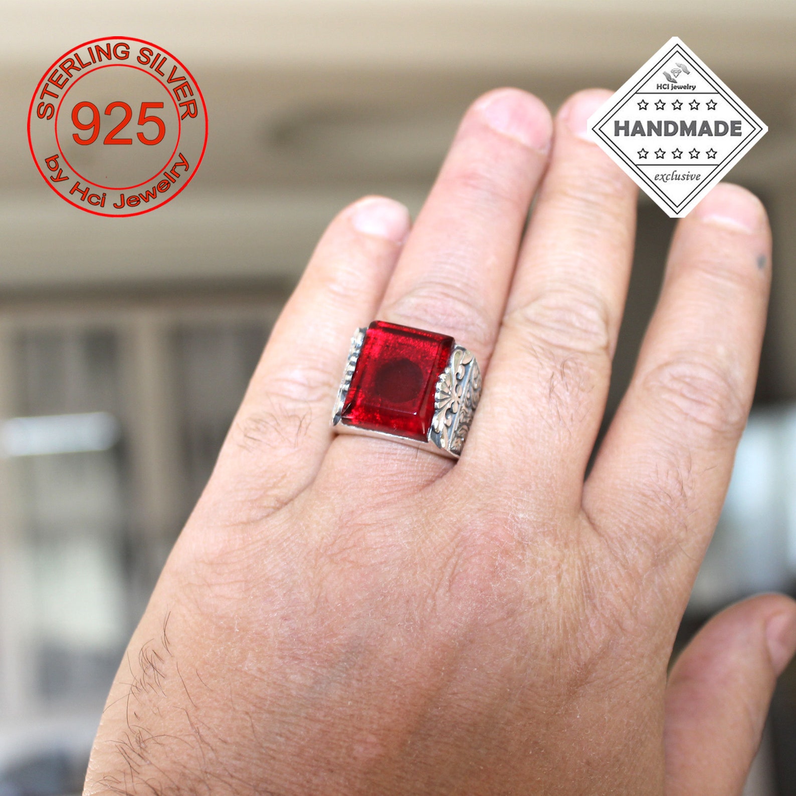 Red Amber Gemstone Mens Ring Rectangle Ring for Men 925 | Etsy