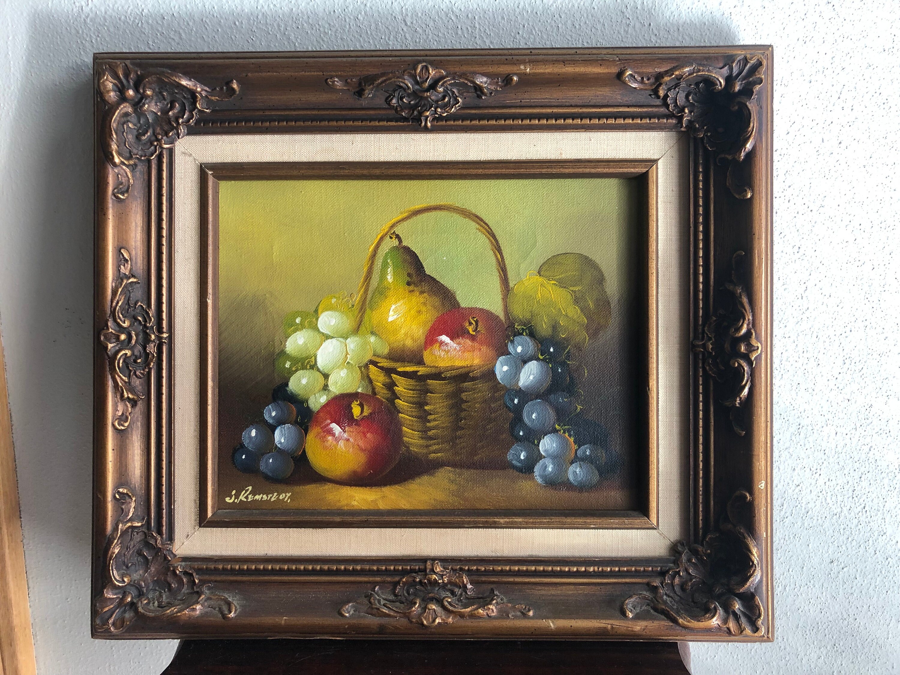 J. Remstedt Oil Still Life Painting Pear Apple Grapes Basket Fruit ...