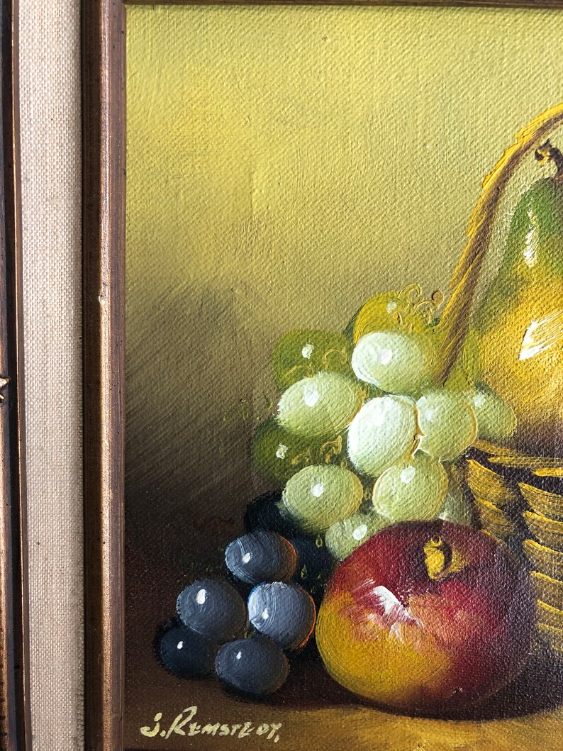 J. Remstedt Oil Still Life Painting Pear Apple Grapes Basket Fruit ...
