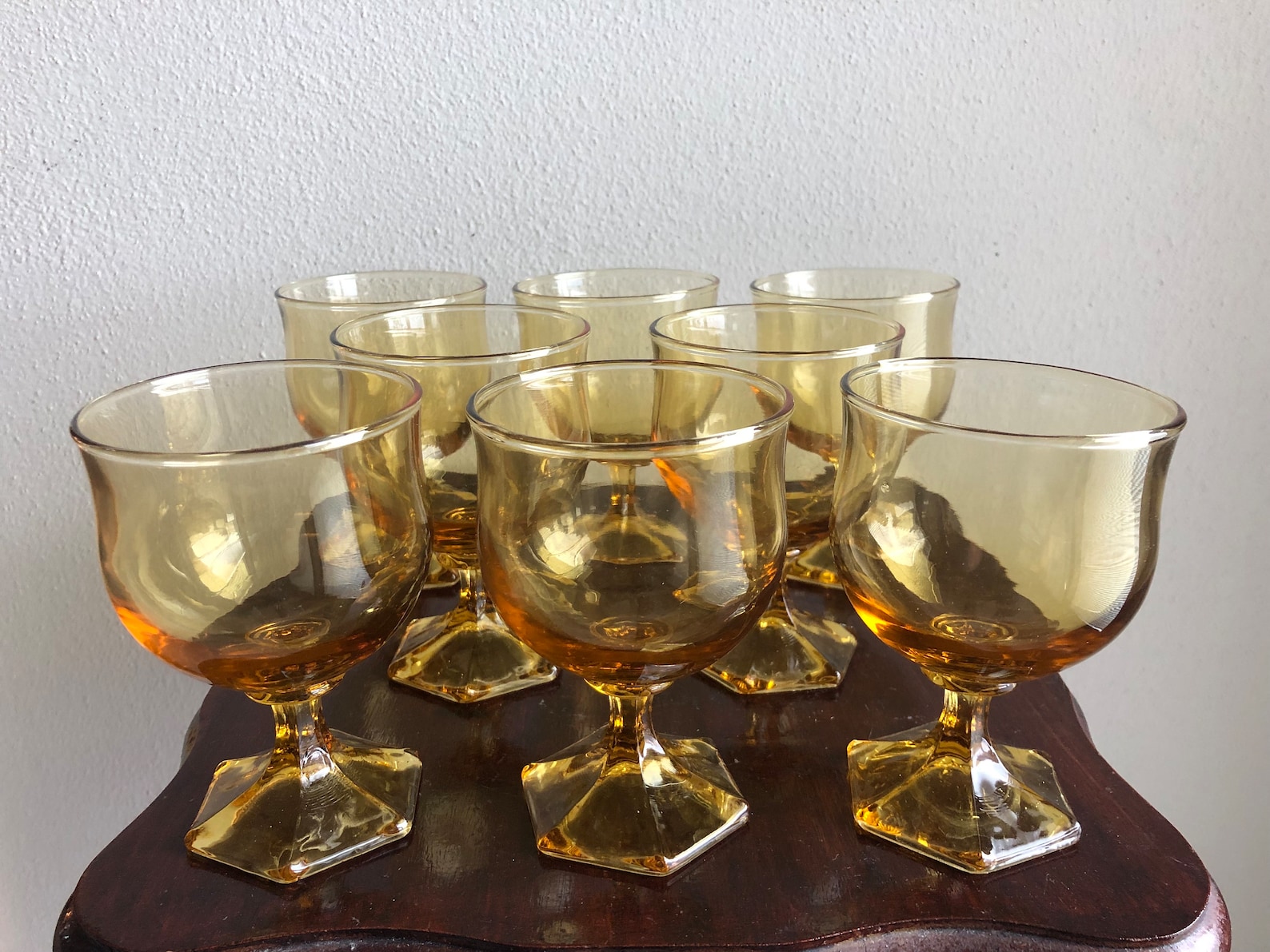 Vintage 8 Oz Anchor Hocking Amber Glass Hexagon Bottom Stemmed Goblets ...