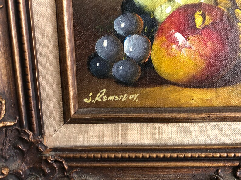 J. Remstedt Oil Still Life Painting Pear Apple Grapes Basket Fruit ...