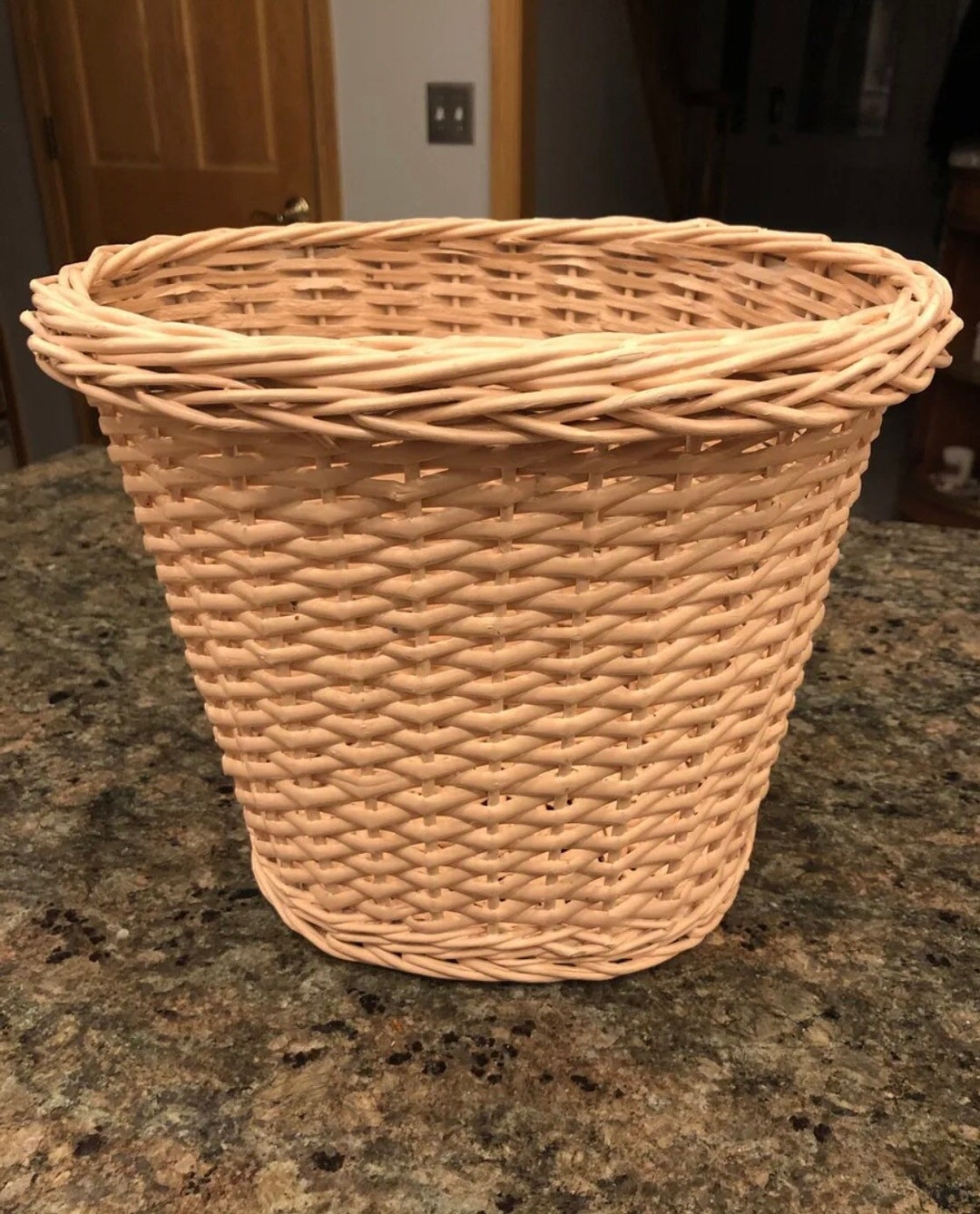 Vintage Wicker Rattan Woven Waste Basket Trash Can Peachy Pink 9 1970s ...