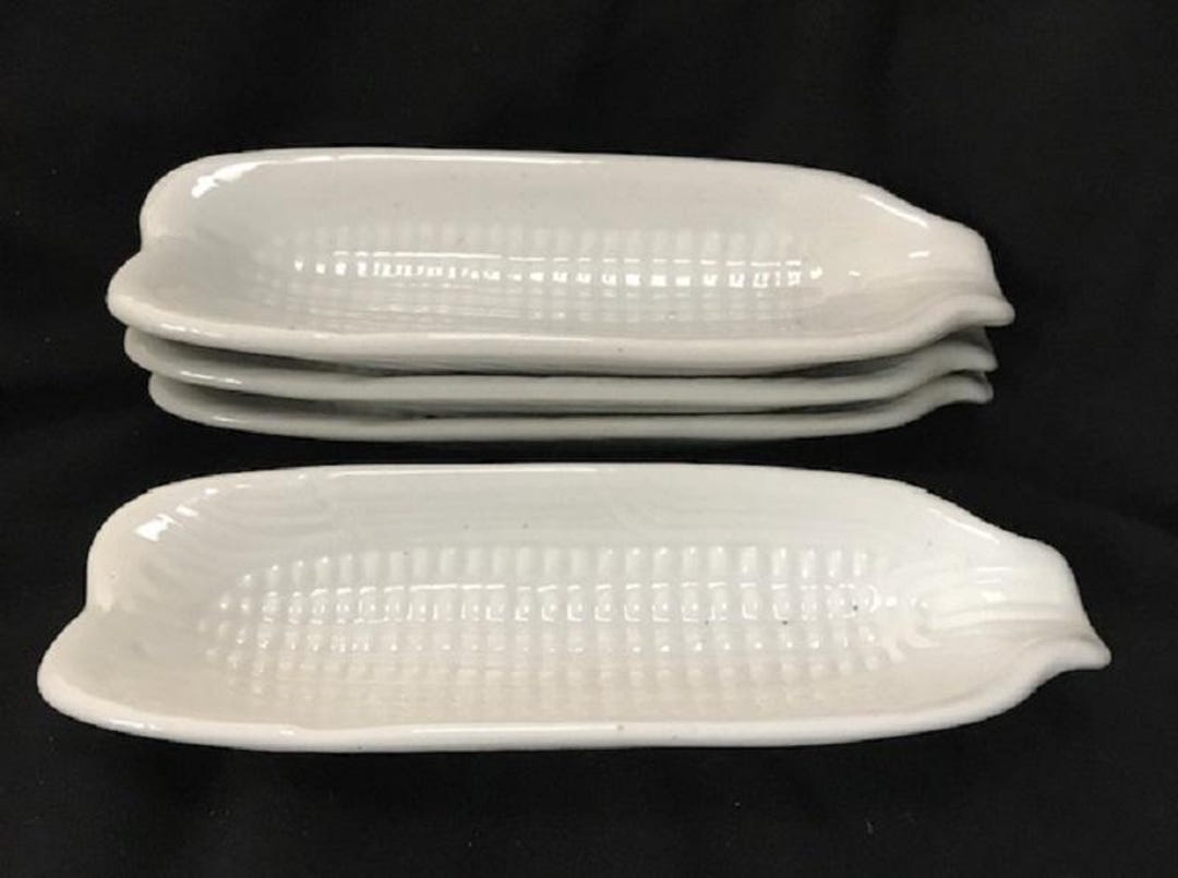 White Porcelain Corn on the Cob Dishes Set of 4 Figural W Kernels 8.75 ...