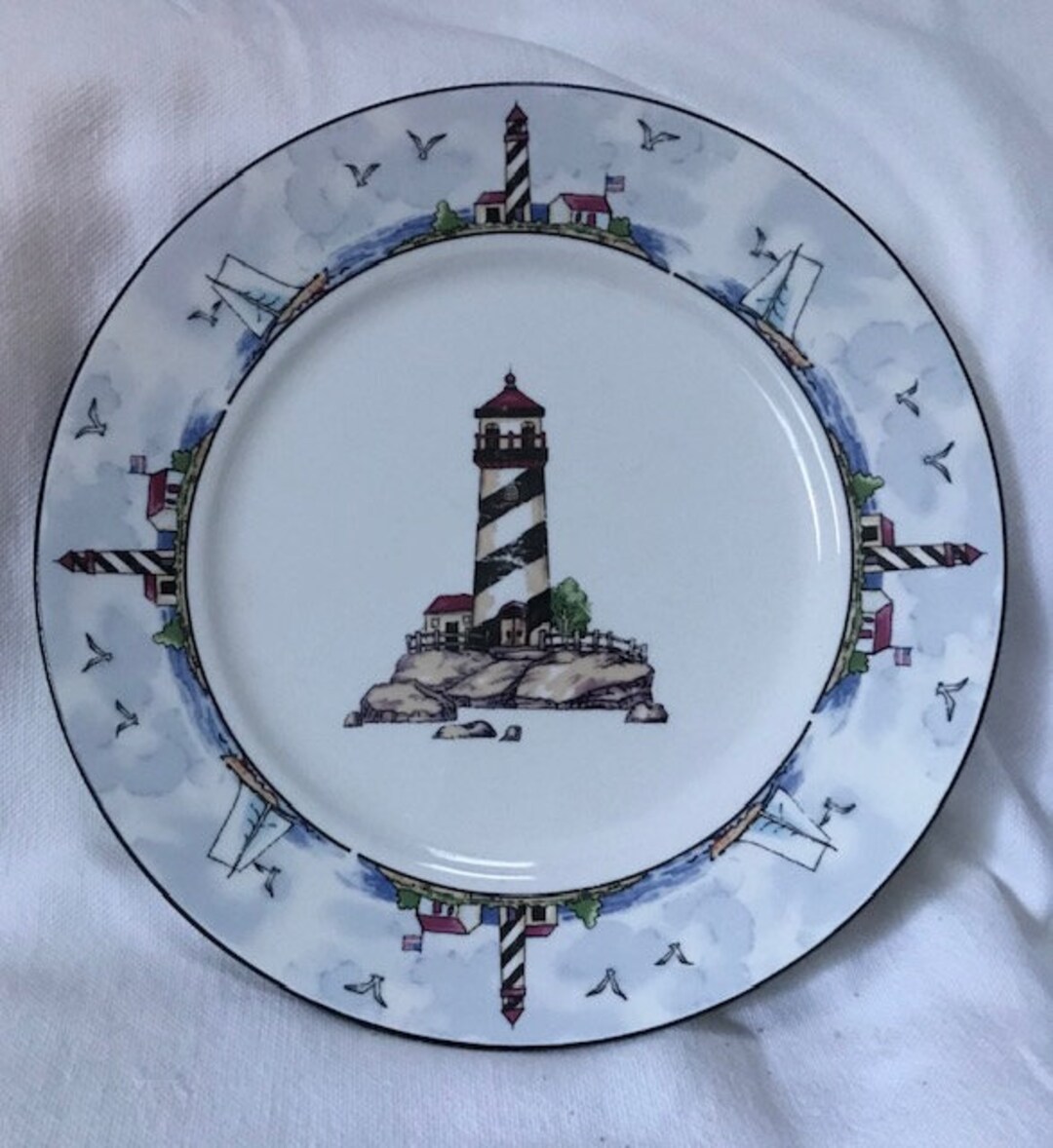 Hometrends Lighthouses Dinner Plate Porcelain Coastal Seashore Nautical Beach House 10.75" Diam ...