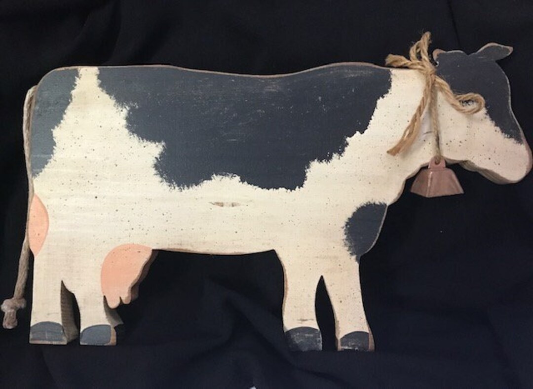 Wooden Cow Plaque & Copper Bell Primitive Folk Art Holstein Farmhouse ...