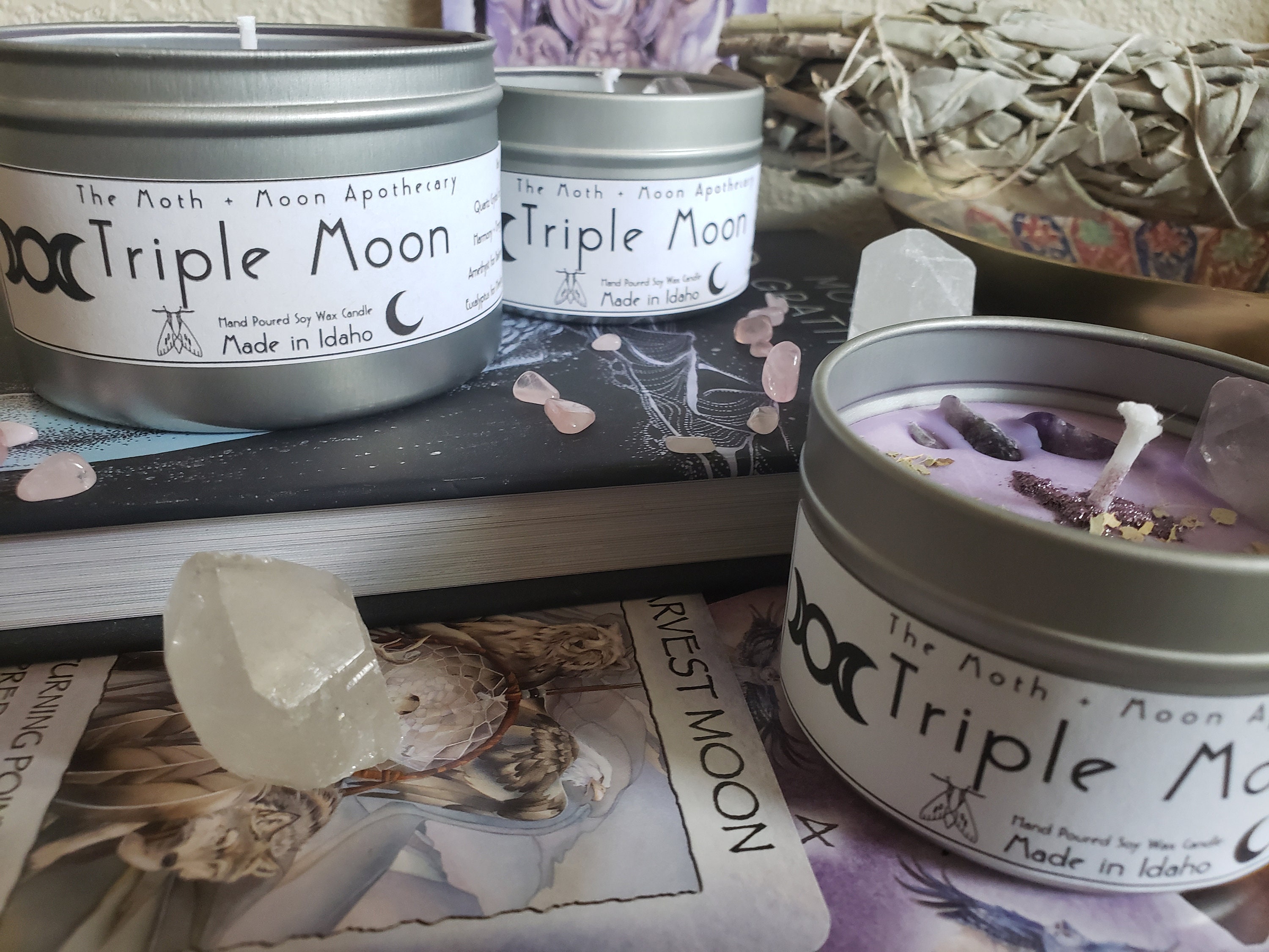 TRIPLE MOON Intention Candle Candles with Crystals Soy | Etsy
