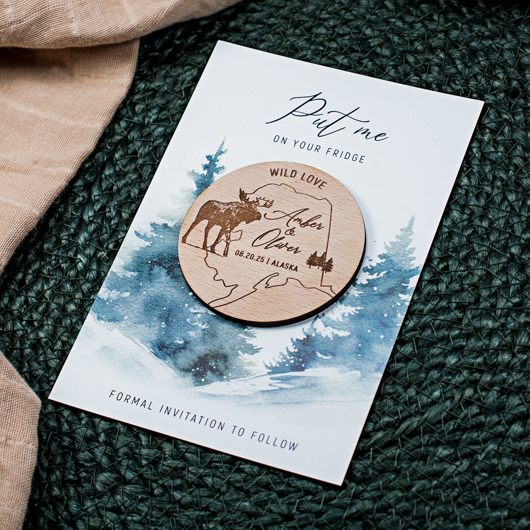 Alaska Moose Wedding Save the Date Magnet: Custom Wood Favor - Etsy