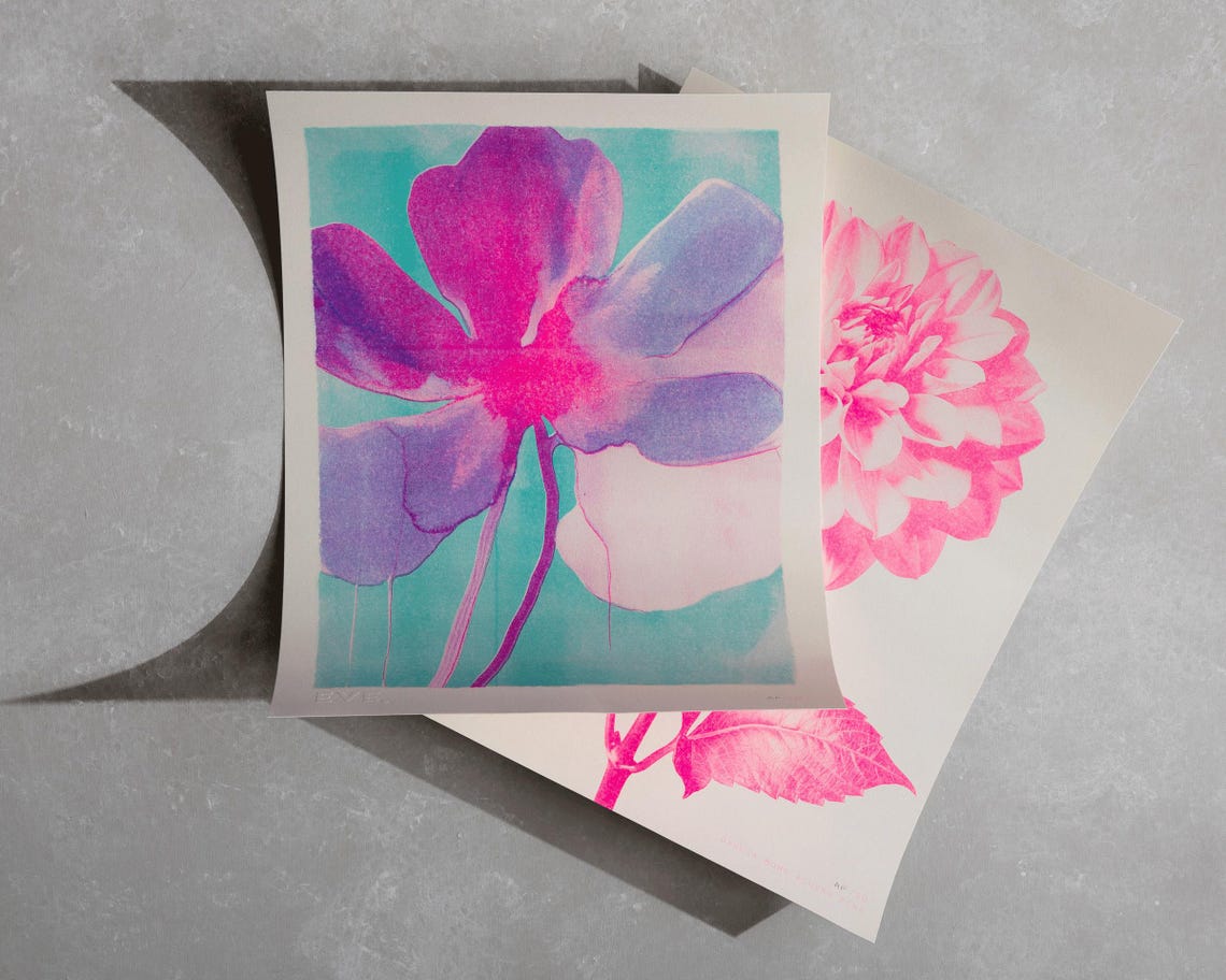 Drippy Flower Risograph Print: Pink, Mint, and Blue - Limited Edition ...