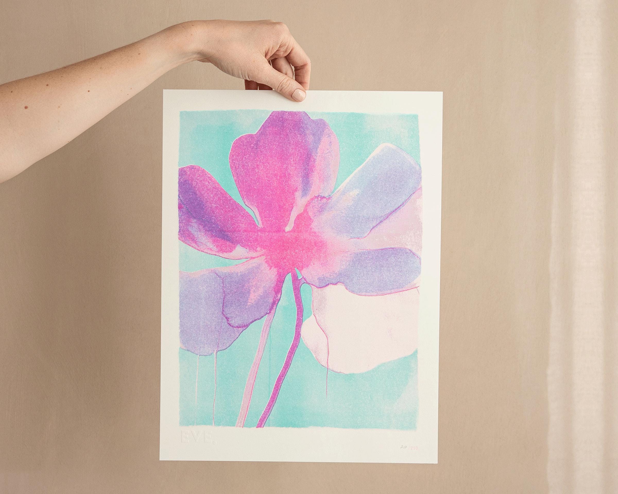 Drippy Flower Risograph Print: Pink, Mint, and Blue - Limited Edition ...
